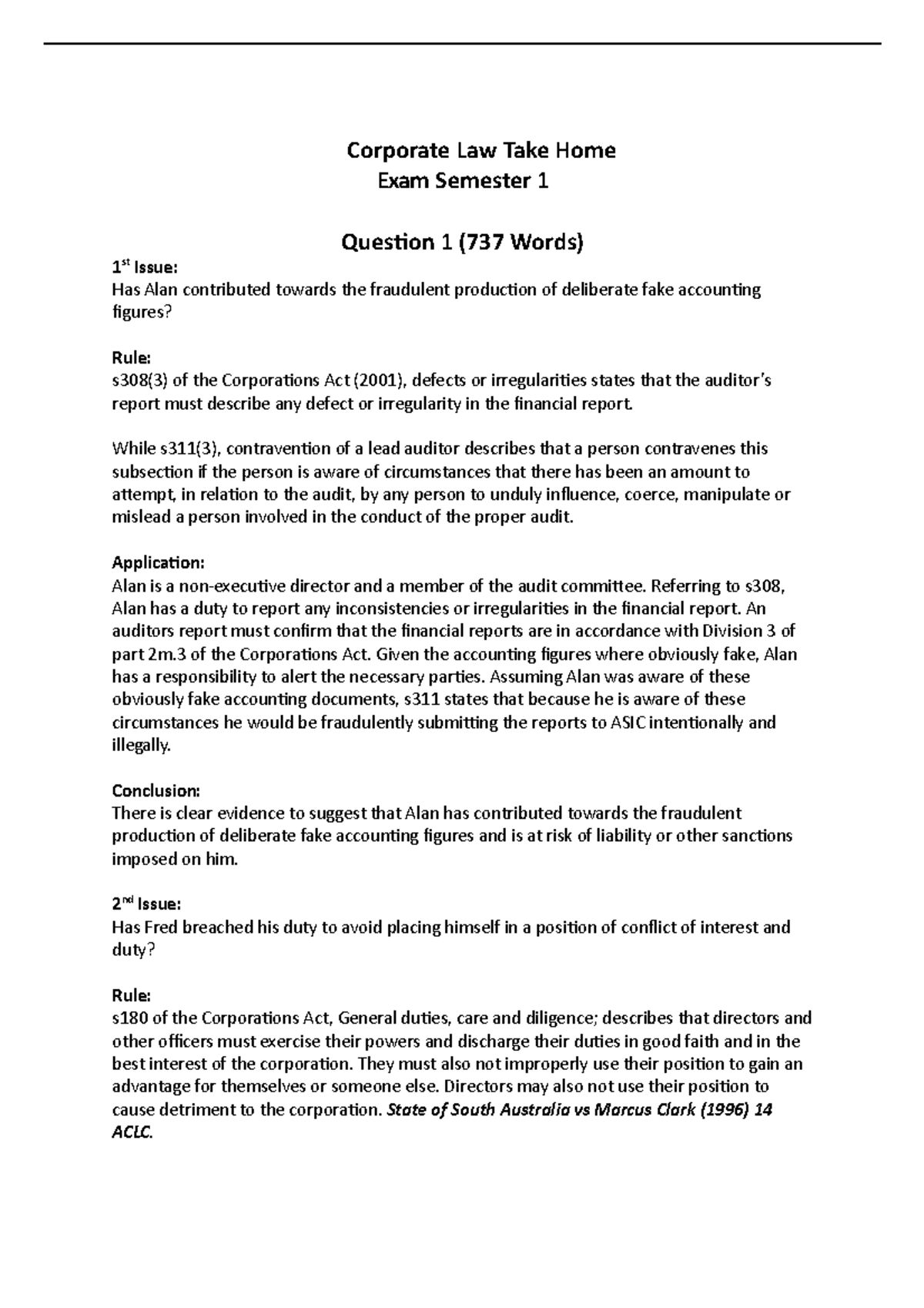 Corporate Law Exam SEM 1 - Corporate Law Take Home Exam Semester 1 1 st ...