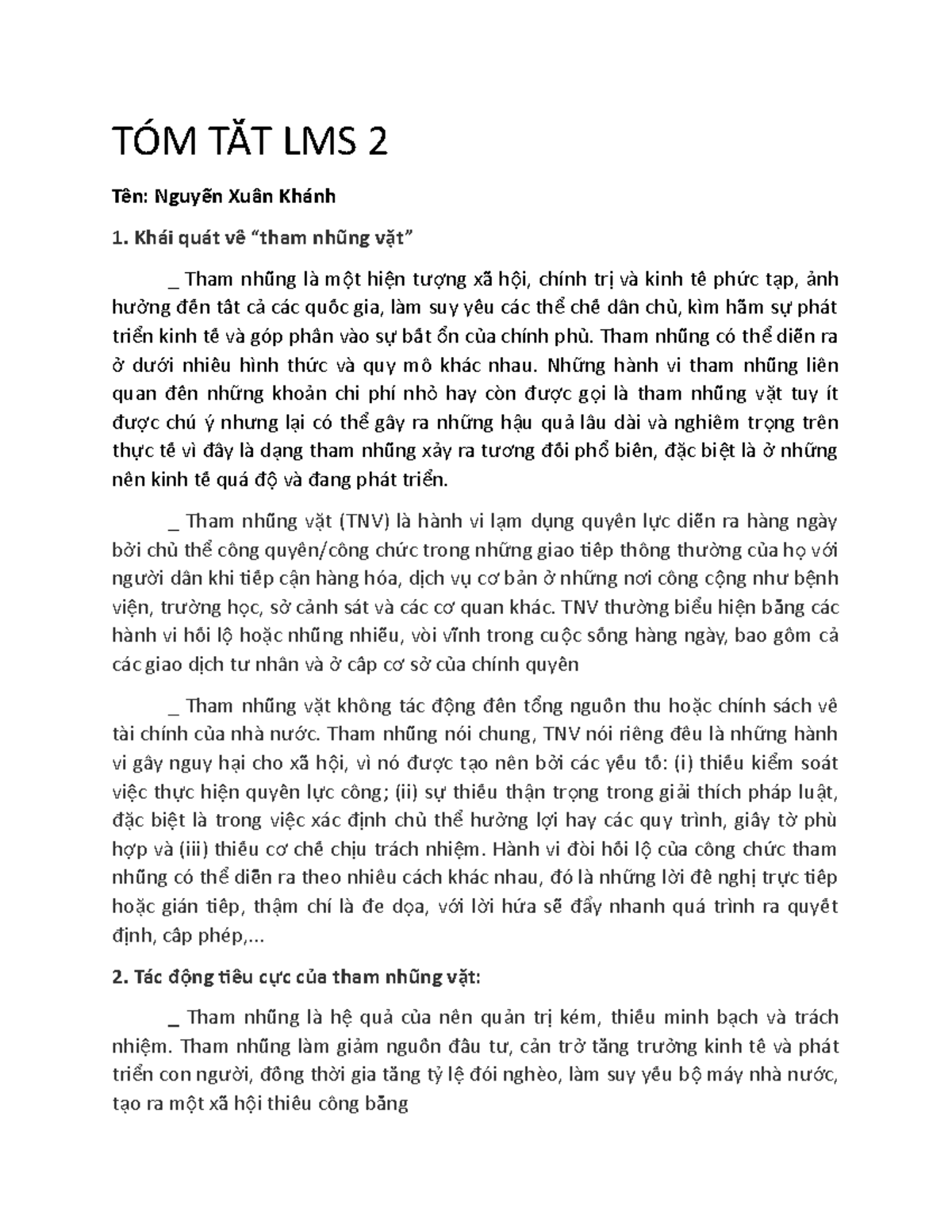 TÓM TẮT LMS 2 - tóm tắt - TÓM TẮẮT LMS 2 Tên: Nguyêễn Xuân Khánh Khái quát vêề “tham nhũng v t”ặ ...