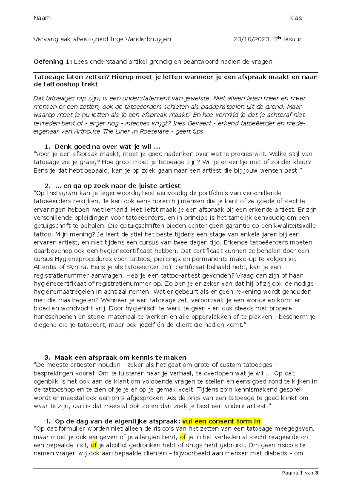 Leestekst - goed - Naam Klas Vervangtaak afwezigheid Inge Vanderbruggen ...