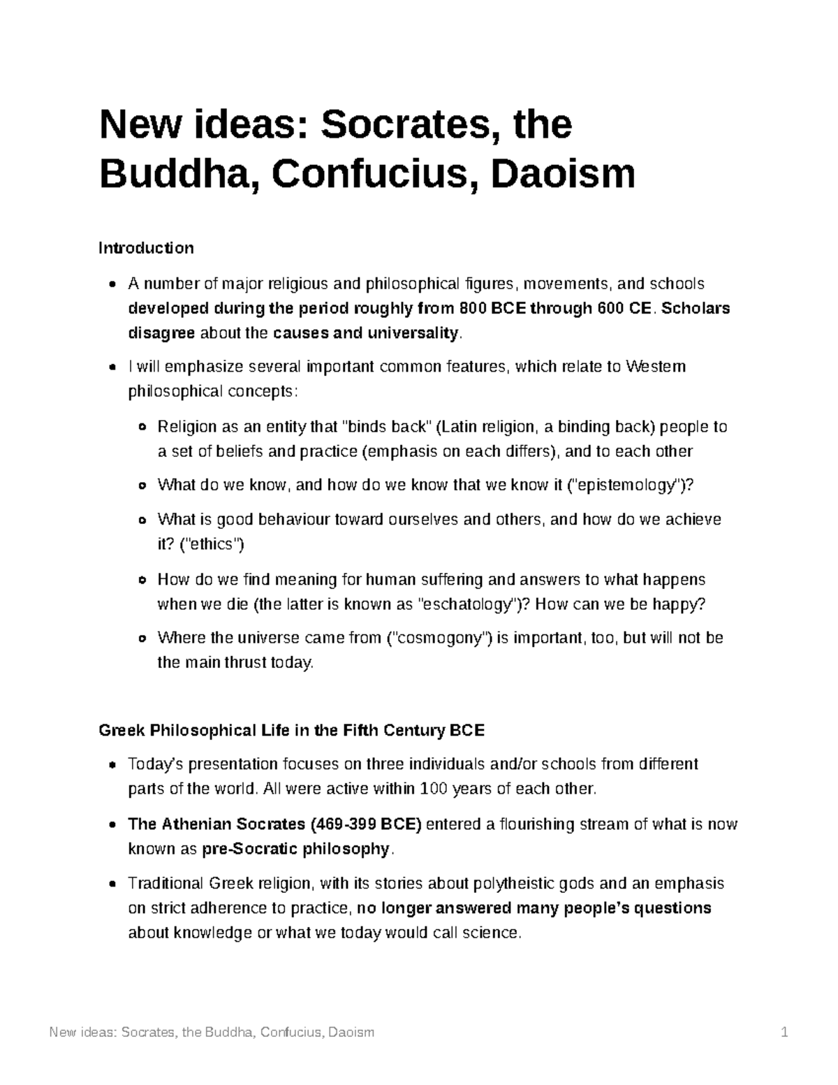 HI121 Lecture Notes: Socrates, the Buddha, Confucius, and Daoism - New ...