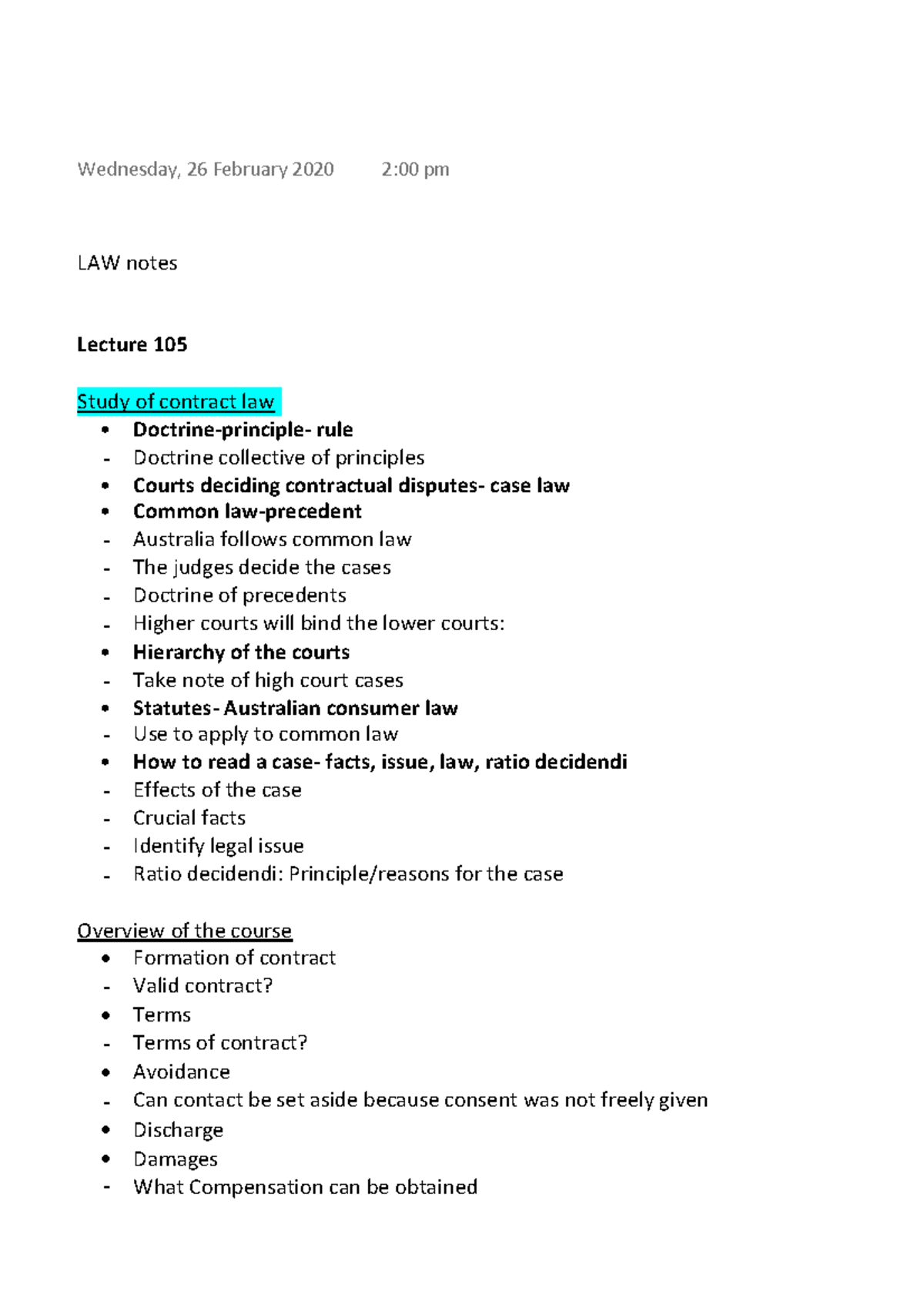 LAW notes - LAW notes Lecture 105 Study of contract law Doctrine ...