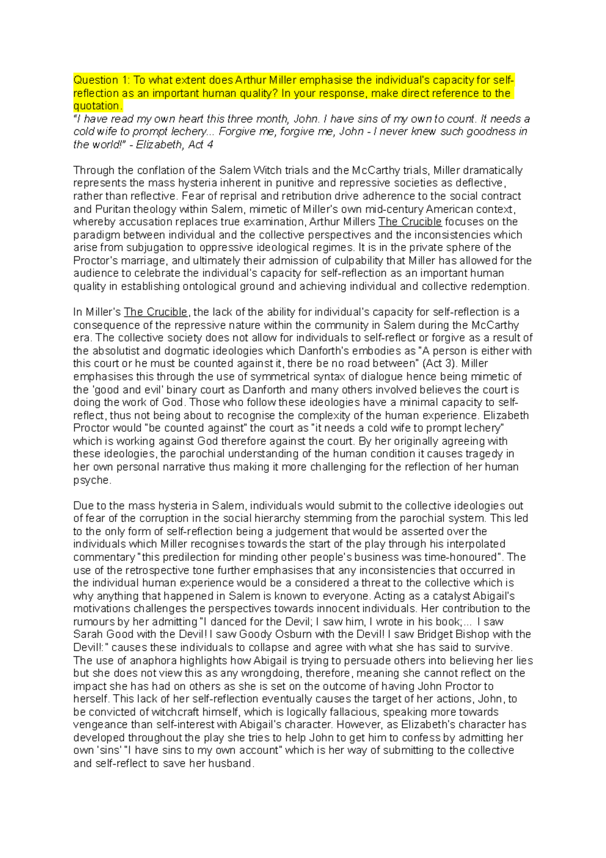 Crucible Essay - Human Experiences - John Proctor - Question 1: To what ...