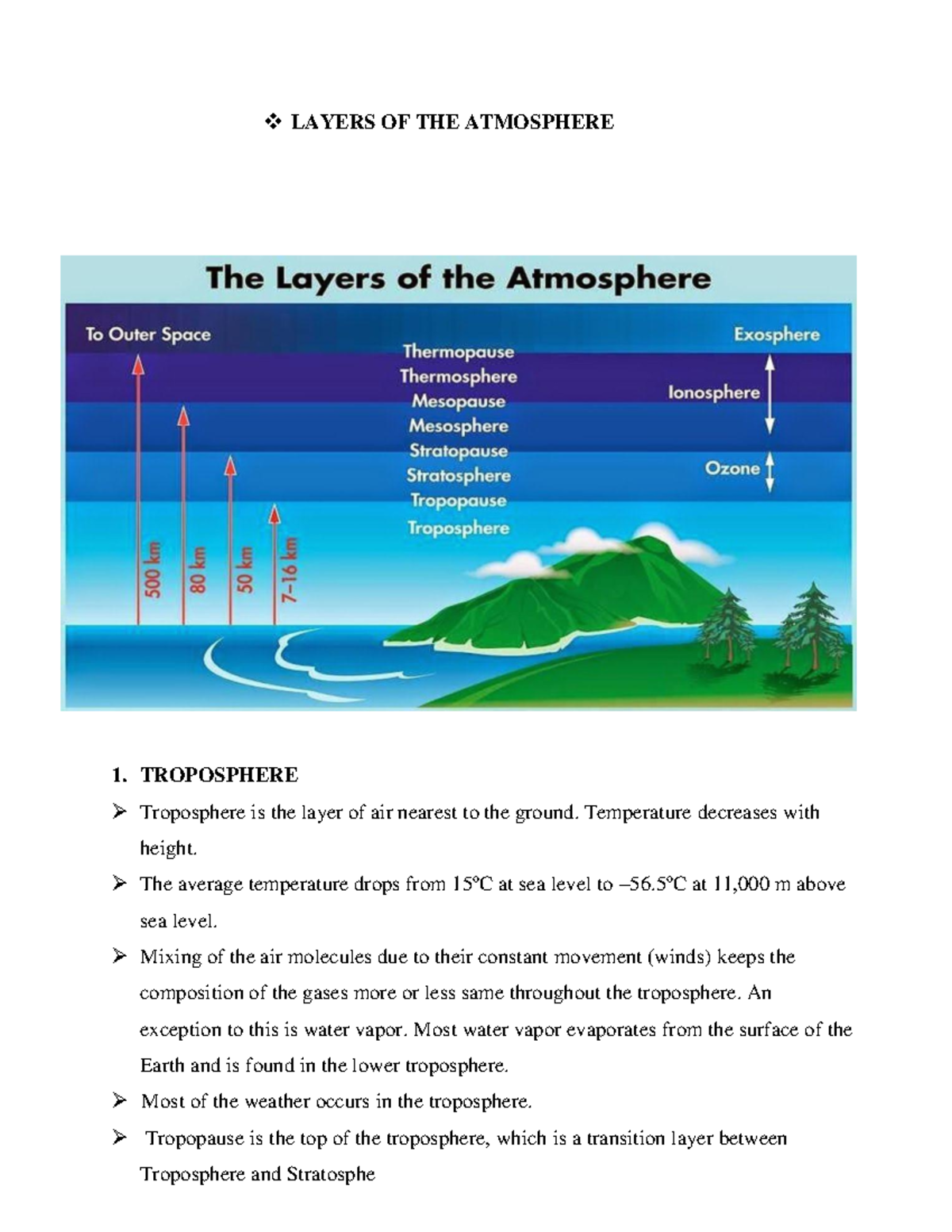 Layers OF THE Atmosphere - LAYERS OF THE ATMOSPHERE 1. TROPOSPHERE ...
