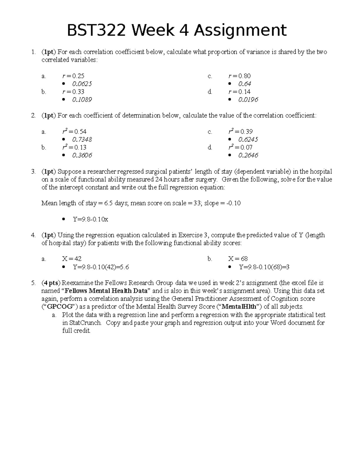 Week 4 Assignment - BST322 Week 4 Assignment 1. (1pt) For each correlation coefficient below ...