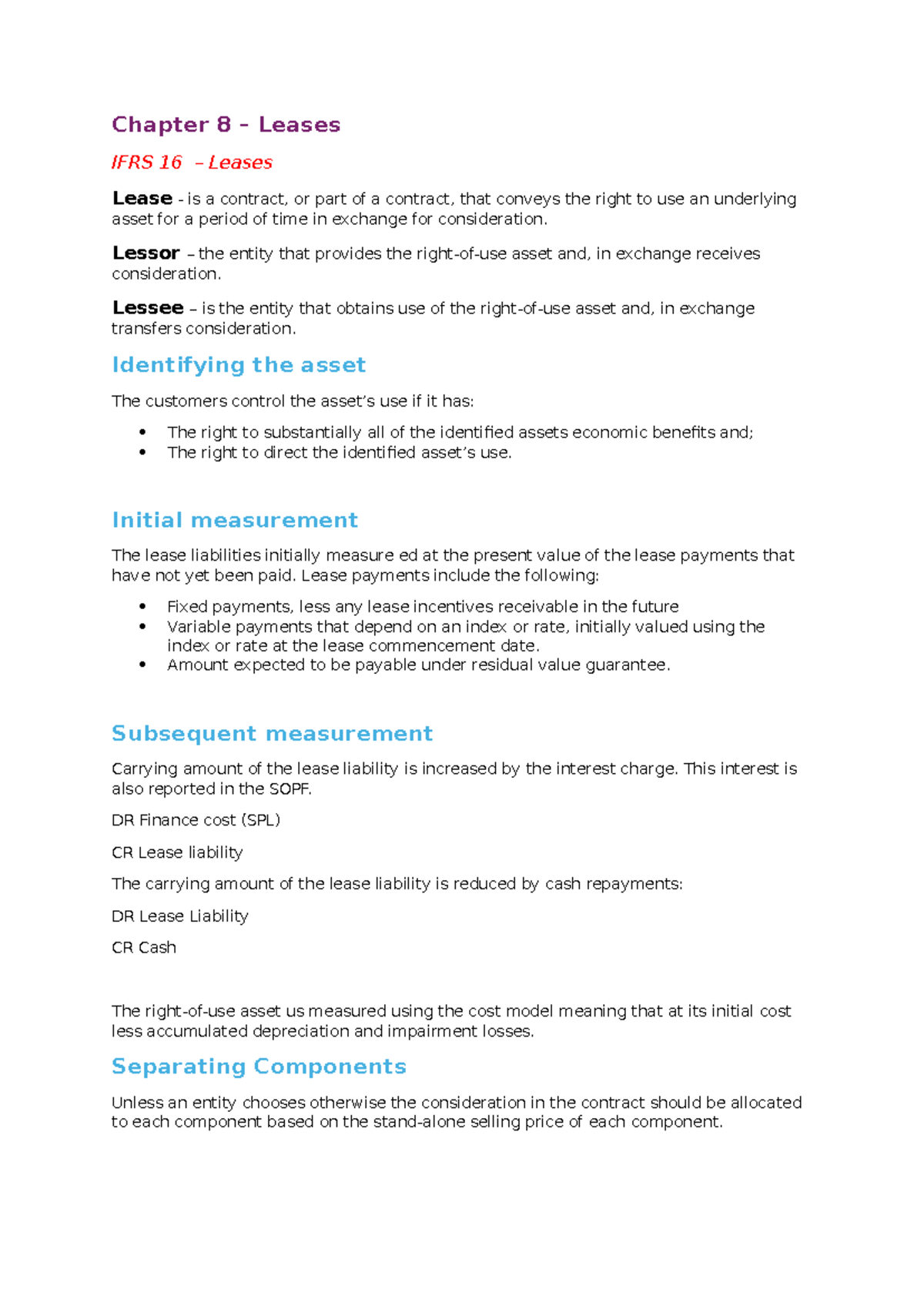 SBR Chapter 8 Leases - Chapter 8 – Leases IFRS 16 – Leases Lease - is a ...