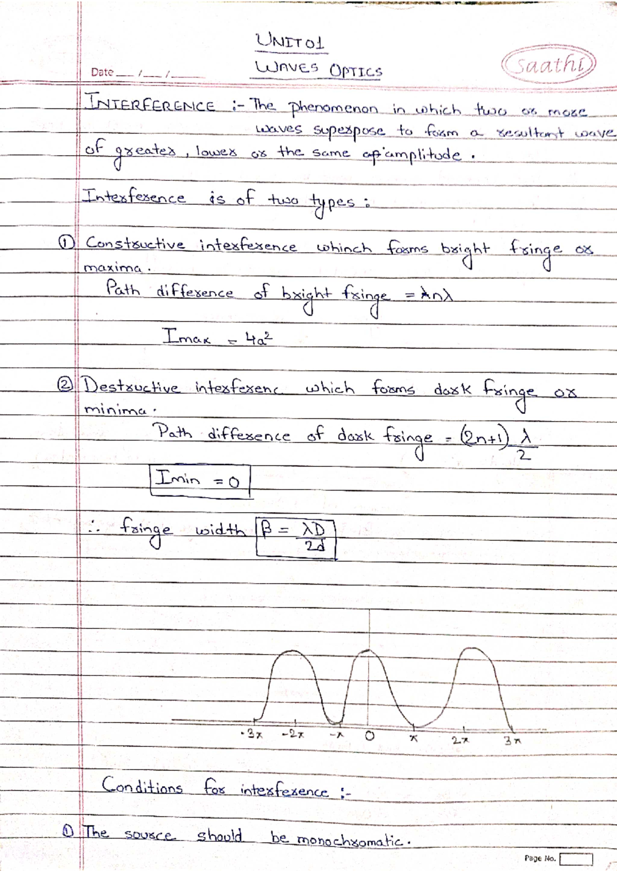 Wave optics - UNIT 01 Date WAVES OPTICS Saathi INTERFERENCE The phenomenon in which two or more ...
