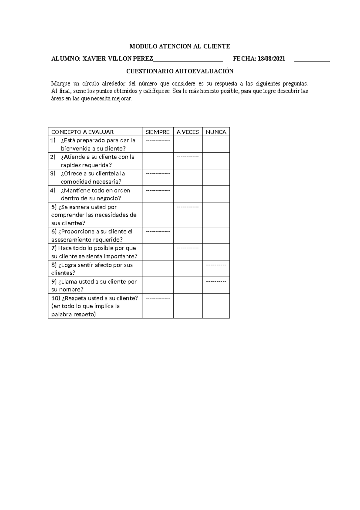 Autoevaluacion 1 Atcli - MODULO ATENCION AL CLIENTE ALUMNO: XAVIER ...