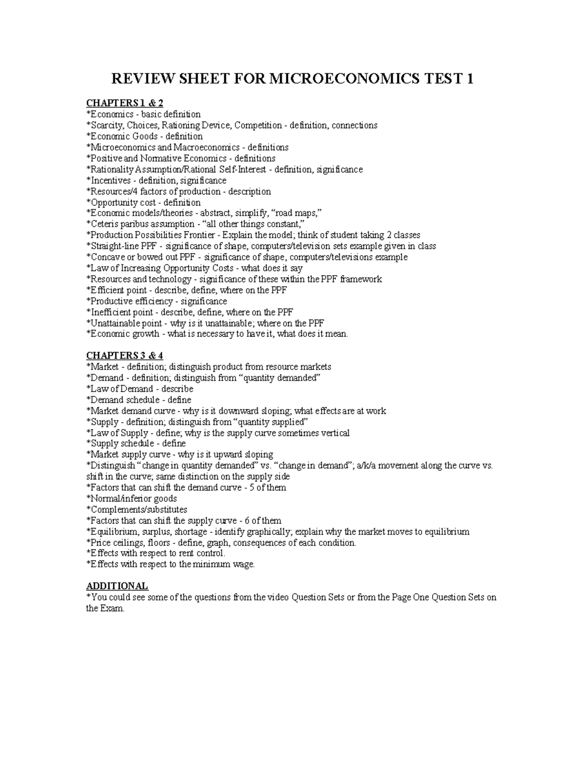Review Sheet Micro Test - REVIEW SHEET FOR MICROECONOMICS TEST 1 ...