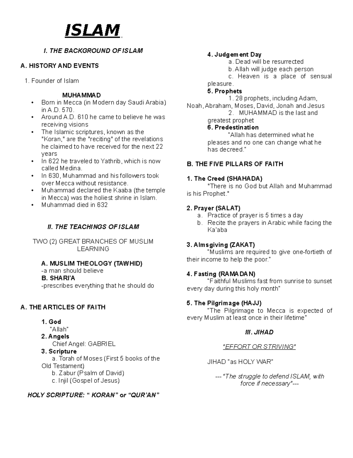 Islam- Handout - Lecture notes 1 - ISLAM I. THE BACKGROUND OF ISLAM A ...