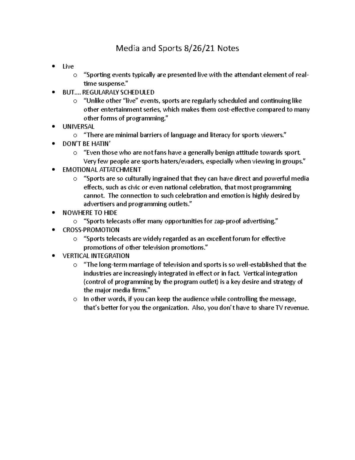 Media and Sports - Lecture notes - Media and Sports 8/26/21 Notes Live ...