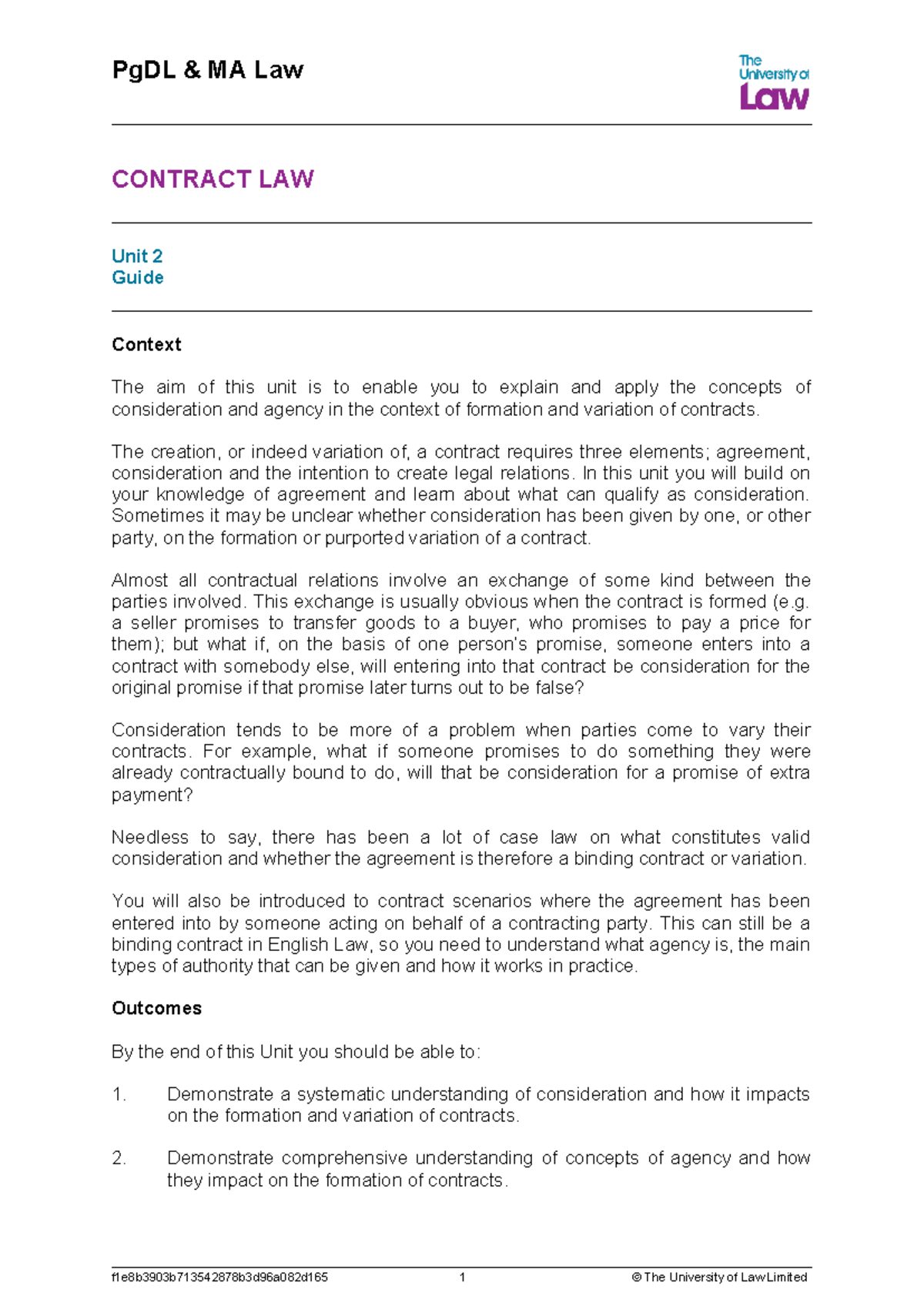 Contract unit 2 guide - PgDL & MA Law CONTRACT LAW Unit 2 Guide Context The aim of this unit is ...
