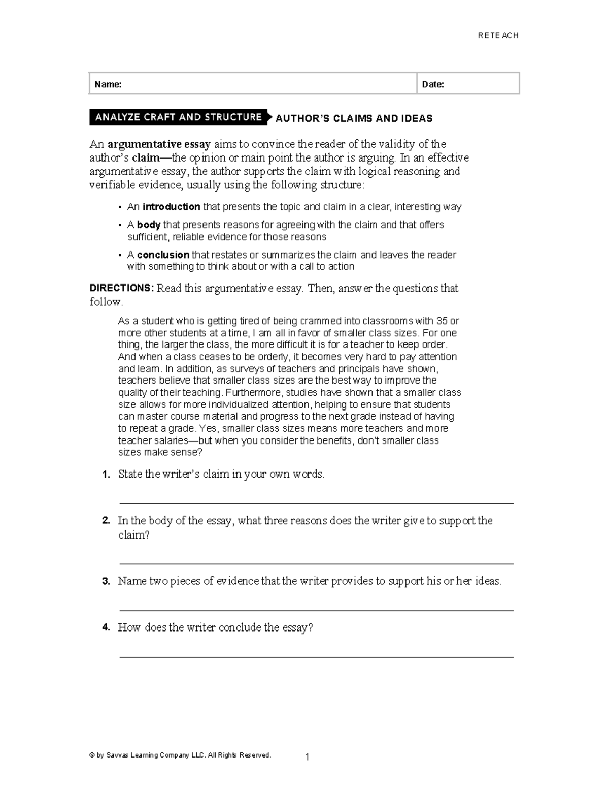 Author'S Claims AND Ideas U2 - RETEACH Name: Date: AUTHOR’S CLAIMS AND ...