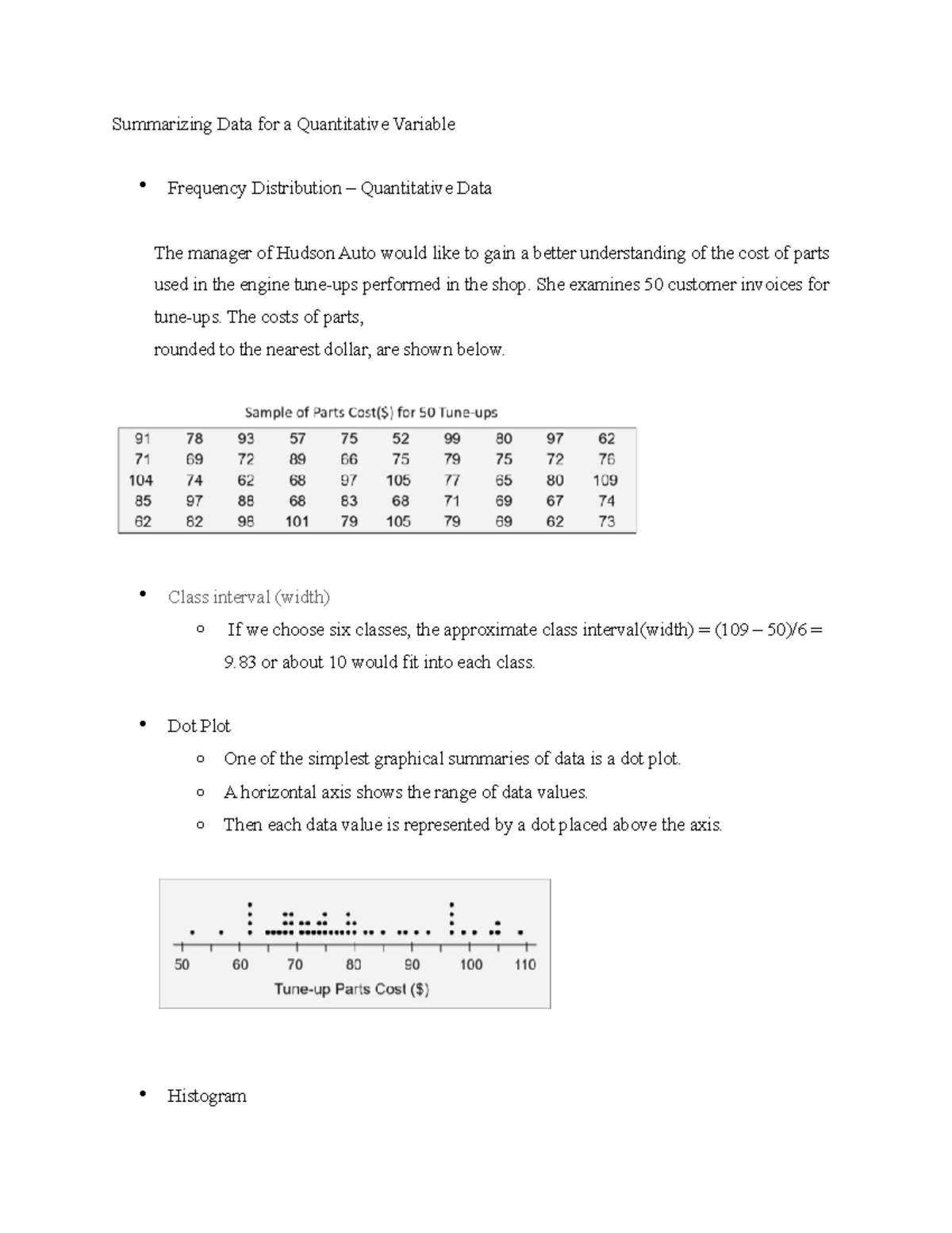 Summarizing Data for a Quantitative Variable - She examines 50 customer invoices for tune-ups ...