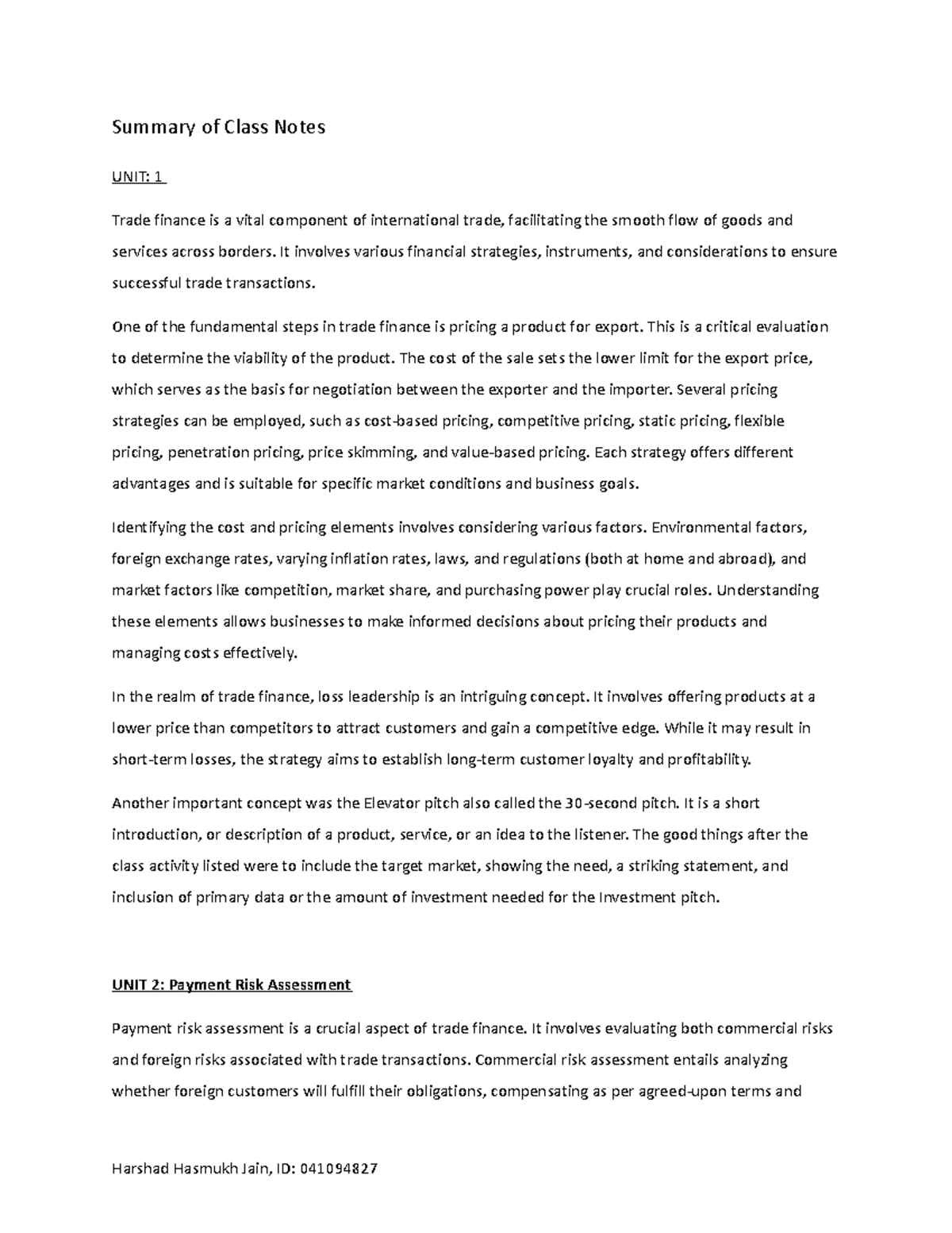 Trade Finance Summary Class Notes - Summary of Class Notes UNIT: 1 ...