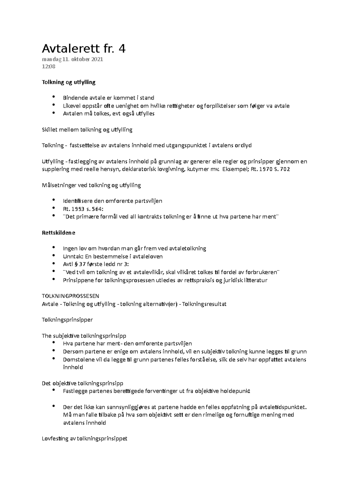 Avtalerett fr 4 og 5 - Forelesningsnotater - Avtalerett fr. 4 mandag 11. oktober 202112 ...