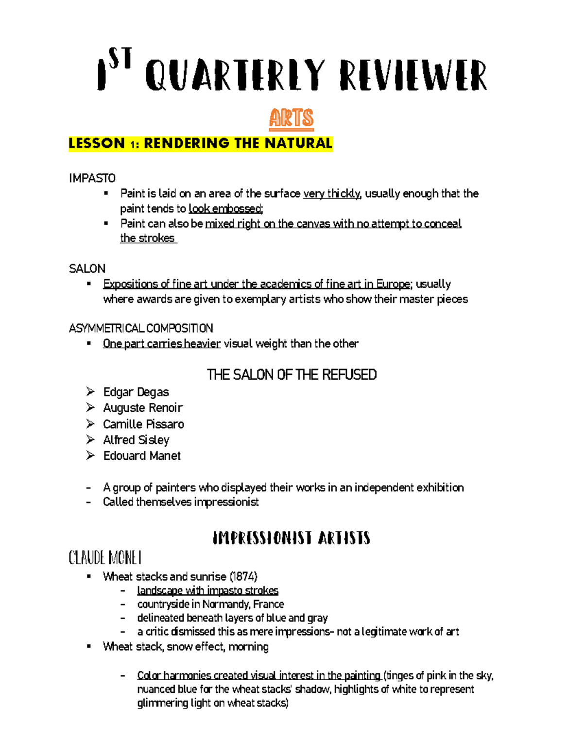 1ST Quarter ARTS - Pointers to arts - 1 ST quarterly REVIEWER LESSON 1 ...