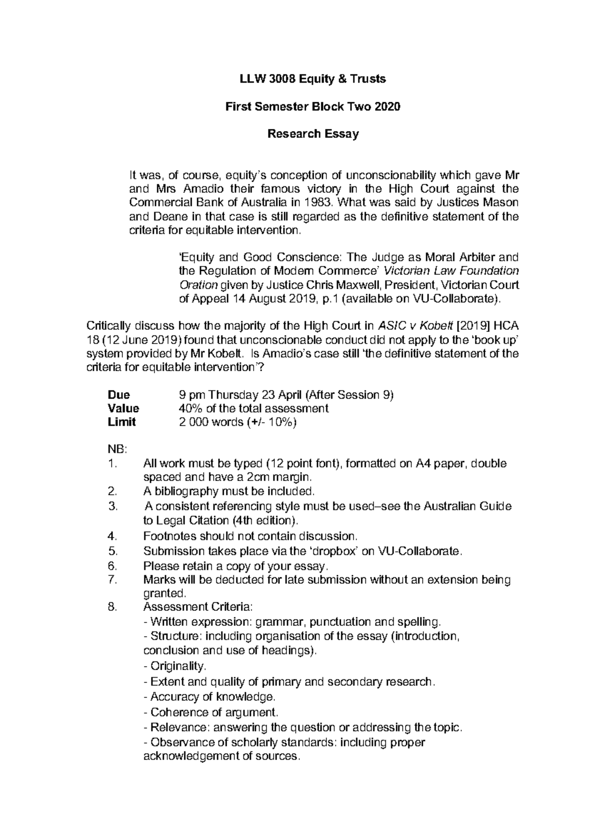 Equity 1B2 Essay -2020 - LLW 3008 Equity & Trusts First Semester Block ...