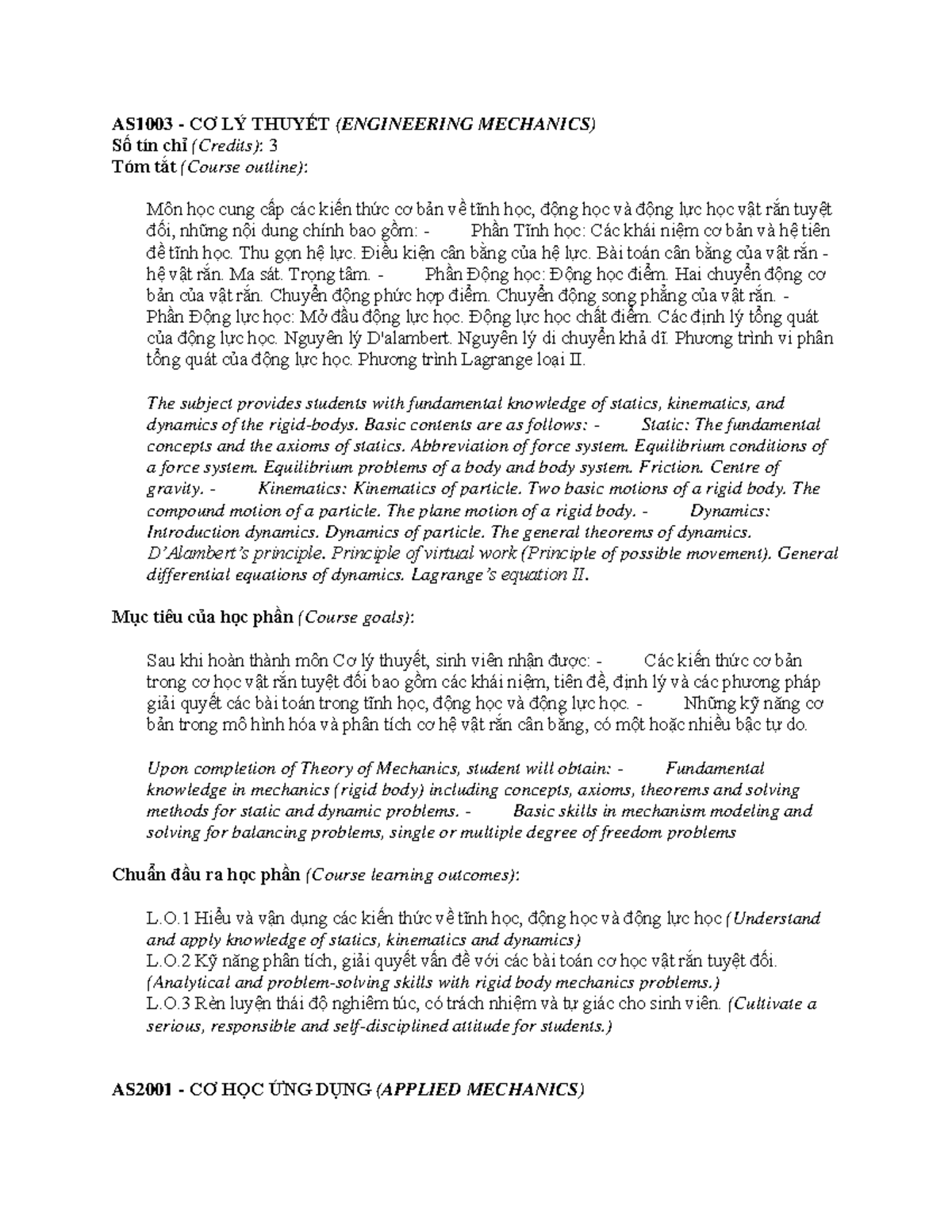 Brief info of subjects CSE - AS1003 - CƠ LÝ THUYẾT (ENGINEERING ...