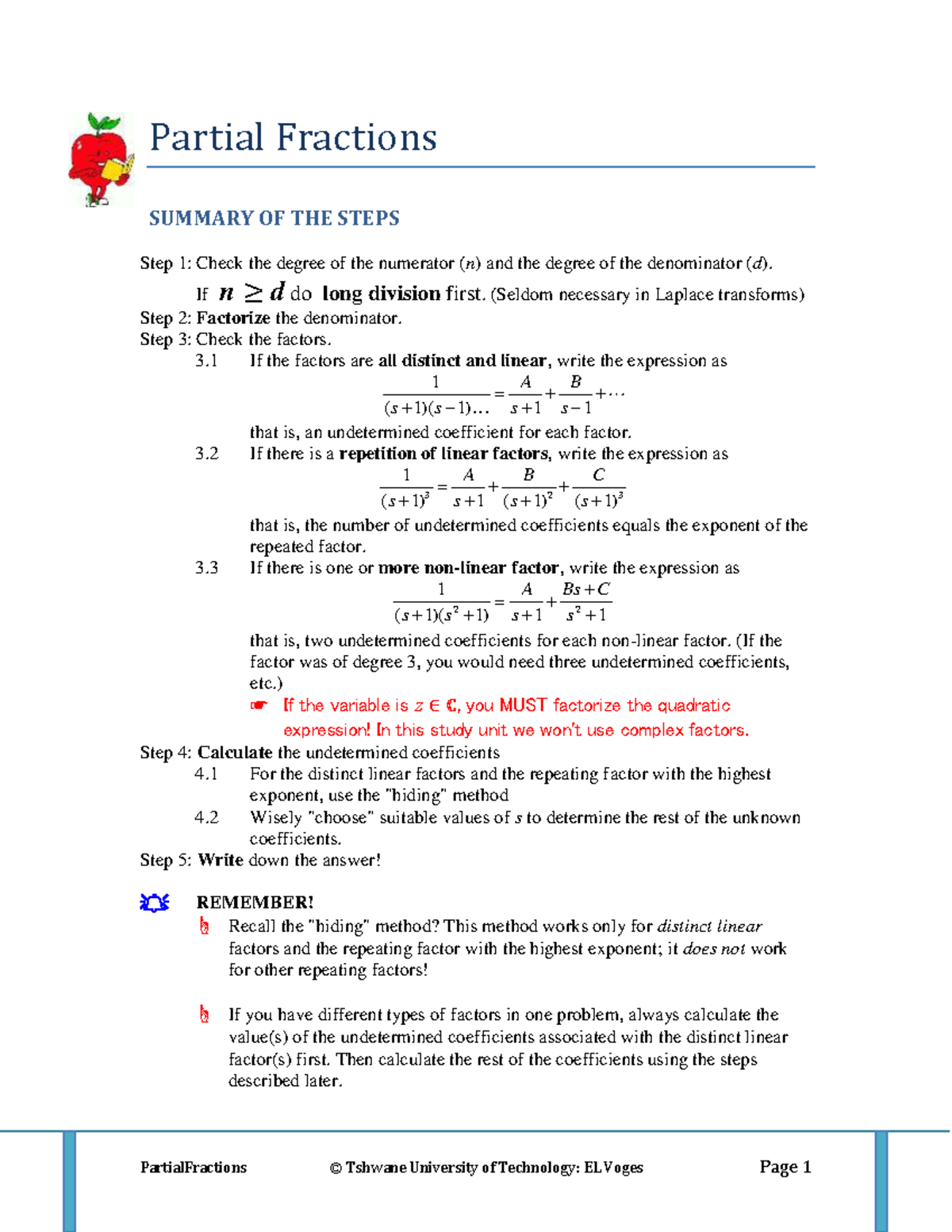 0 4 Partial Fractions - Partial Fractions SUMMARY OF THE STEPS Step 1 ...