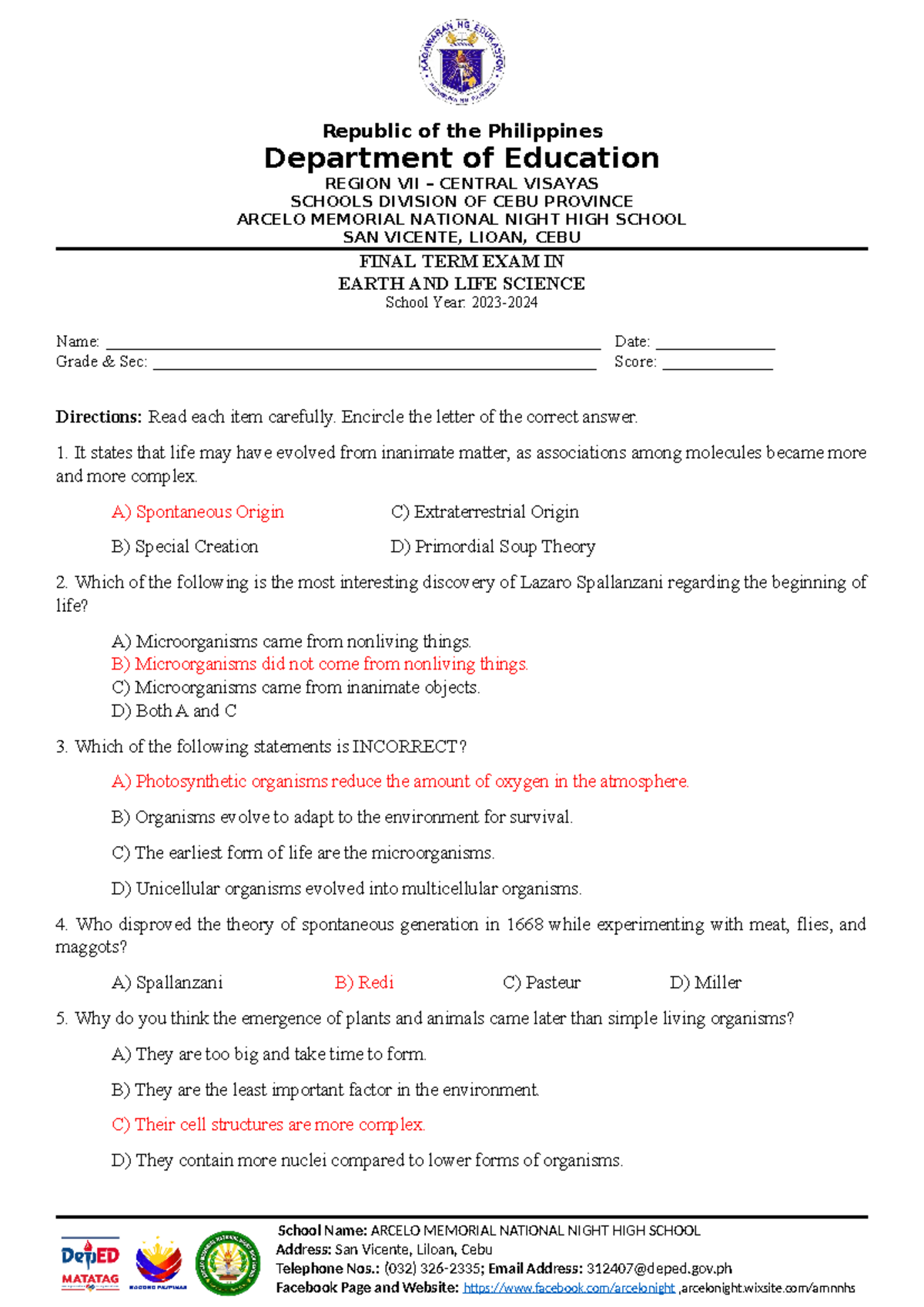 Earth and Life Science Exam - Department of Education REGION VII ...