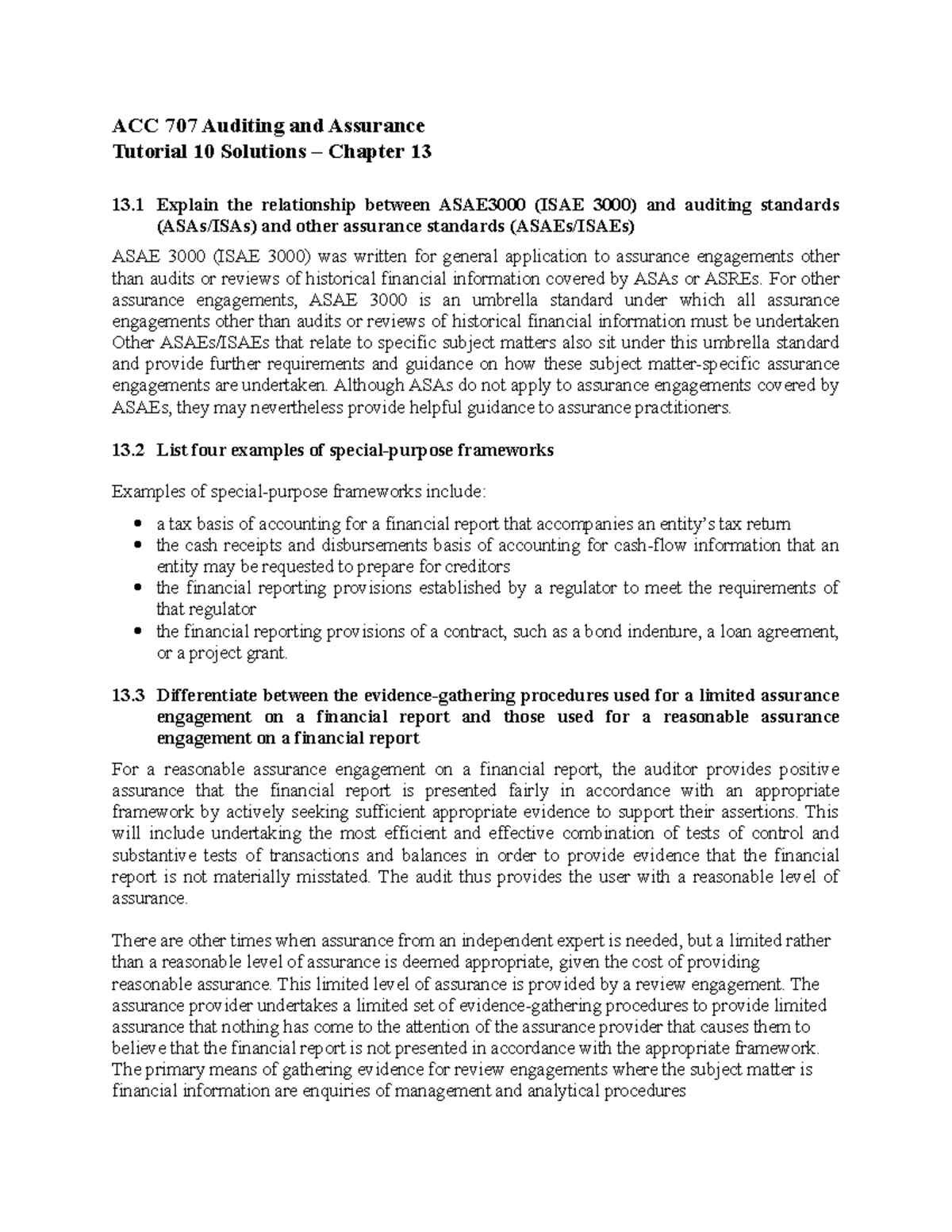 Tutorial 10 Assurance and Auditing Solutions -Chapter 13 - ACC 707 Auditing and Assurance ...