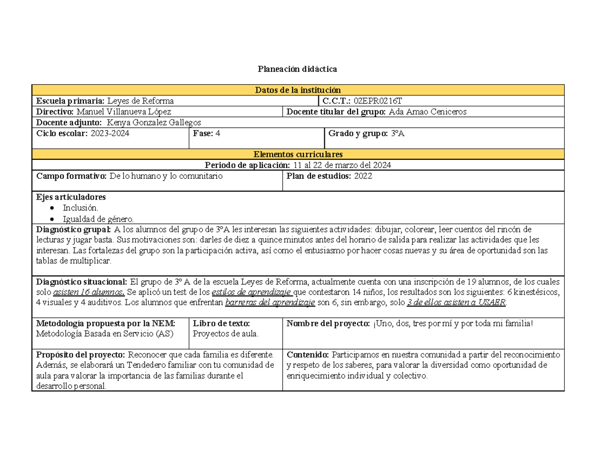 Planeación KGG 2V - Planeación de ¡Uno, dos, tres por mi y por toda mi familia! Tercer grado ...