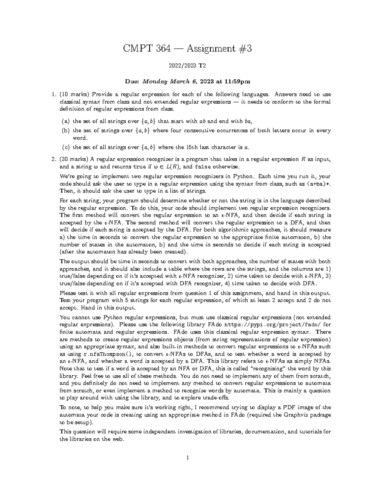 Asn3-3 - assignment-3 - CMPT 364 — Assignment 2022/2023 T Due: Monday March 6, 2023 at 11:59pm ...