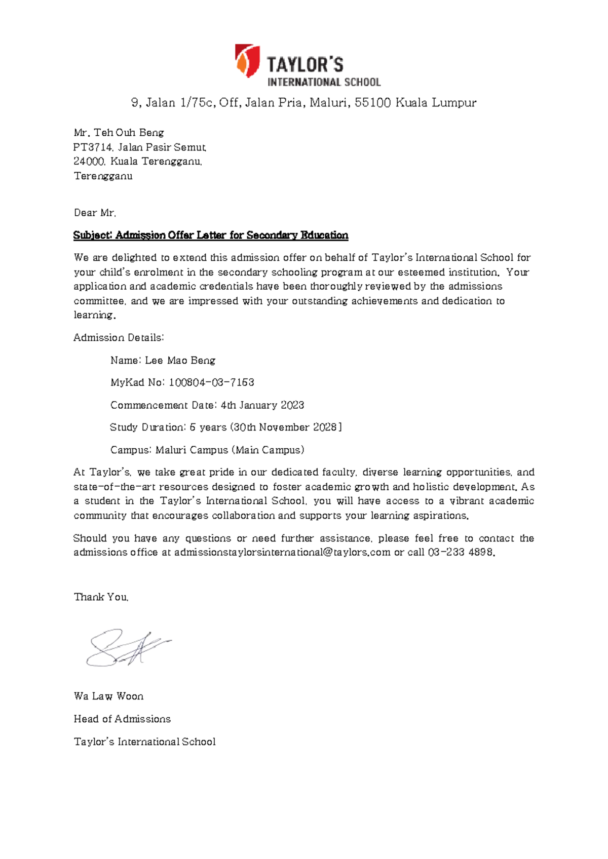 SAMPLE SURAT TAWARAN KEMASUKAN SEKOLAH MENENGAH SWASTA - 9, Jalan 1/75c ...