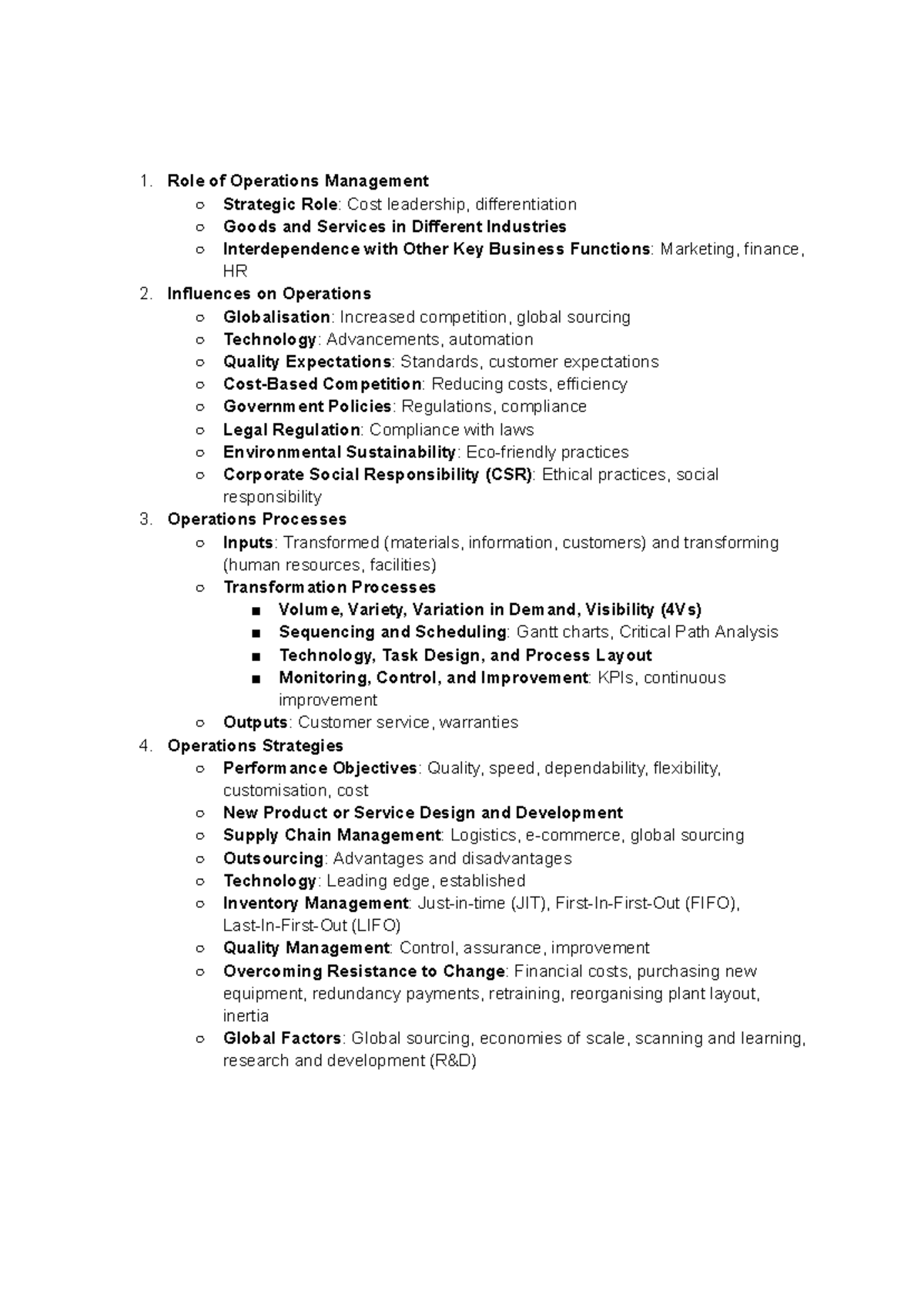 Business Studies - Operations Sumamry - Role of Operations Management ...