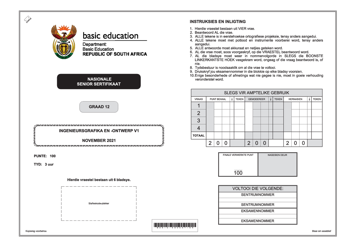 Engineering Graphics & Design P1 Nov 2021 Afr - INSTRUKSIES EN INLIGTING 1. Hierdie vraestel ...