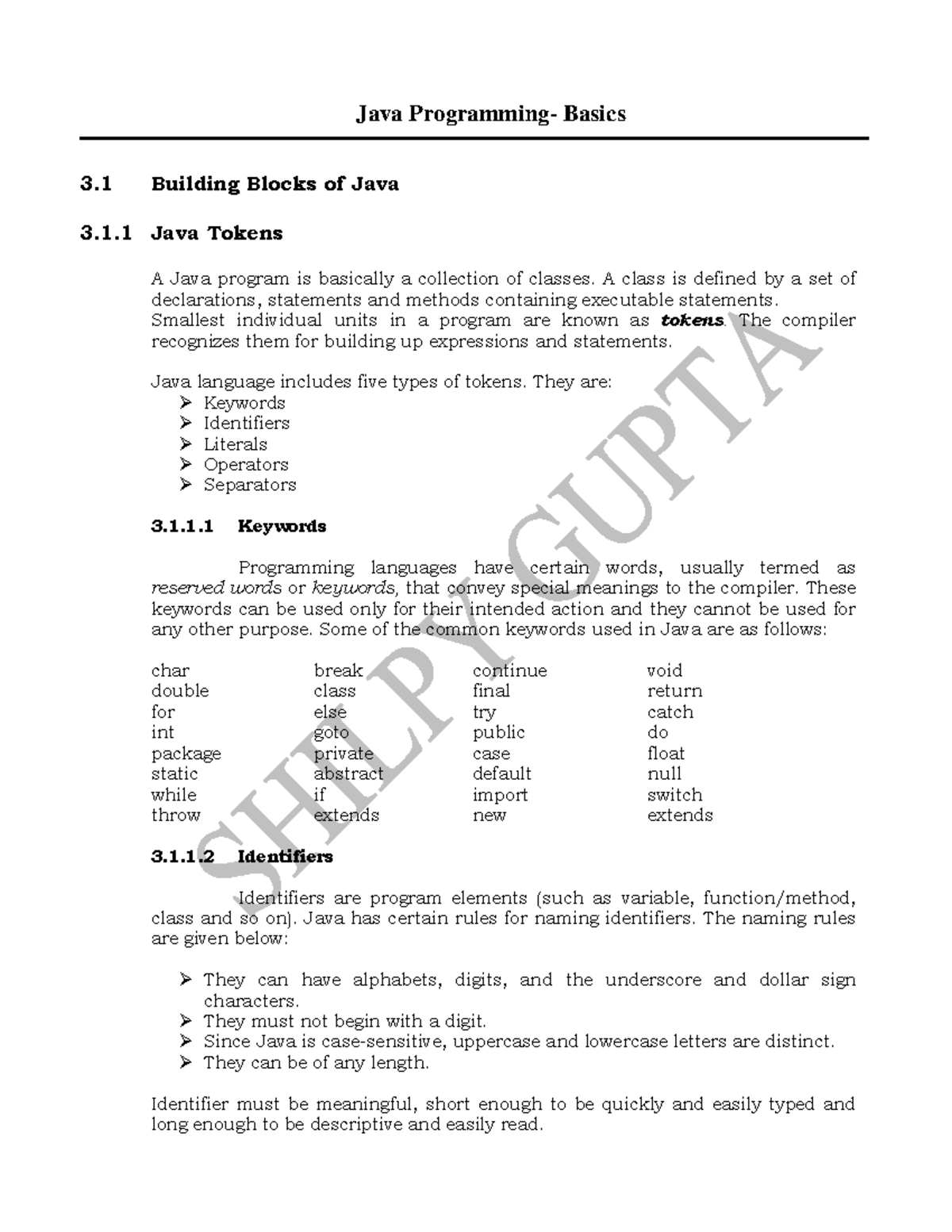 3 Java Programming Basics - 3 Building Blocks of Java 3.1 Java Tokens A ...