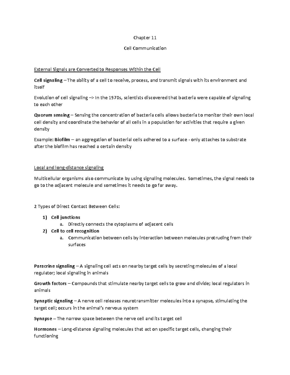 Biology - Chapter 11 Notes - Chapter 11 Cell Communication External ...