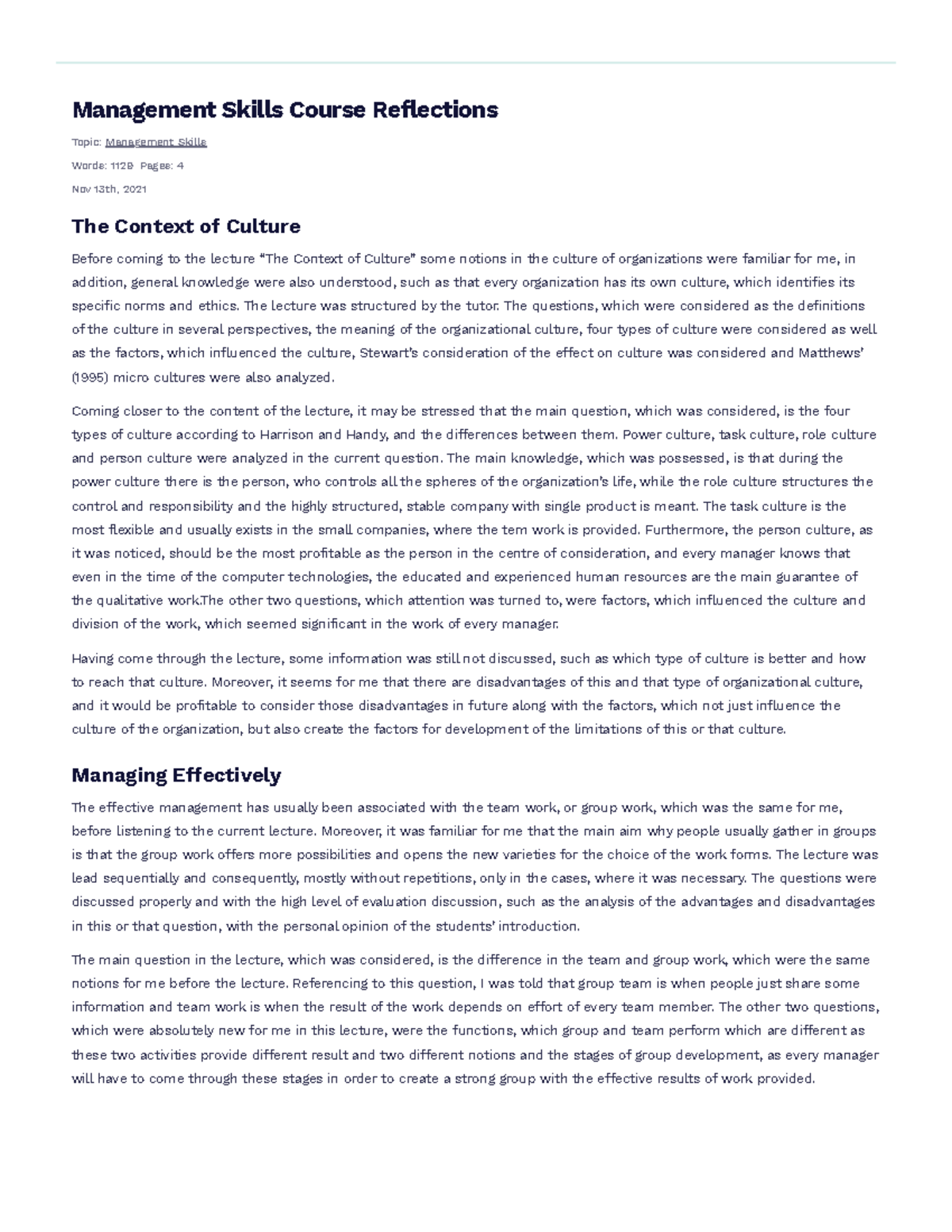 Management Skills Course Reflections Free Essay Example - Management ...