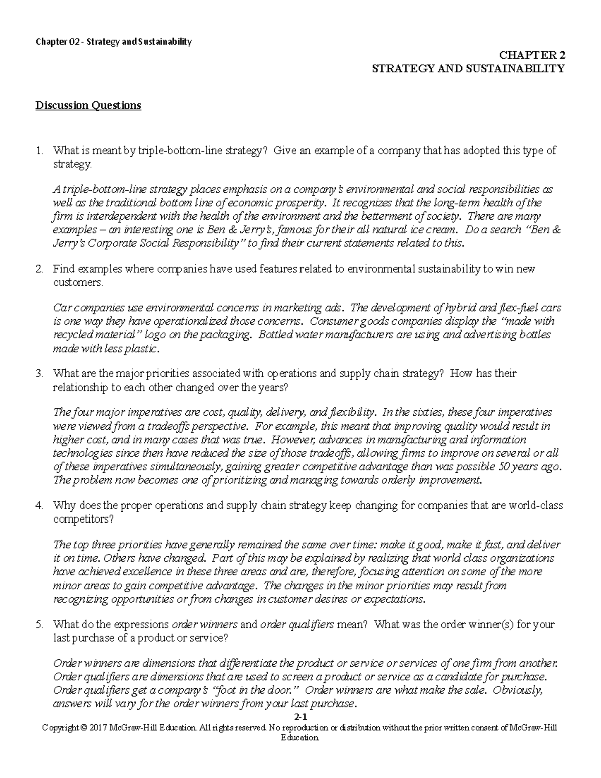Chapter 2 - Operation Management - CHAPTER 2 STRATEGY AND SUSTAINABILITY Discussion Questions ...