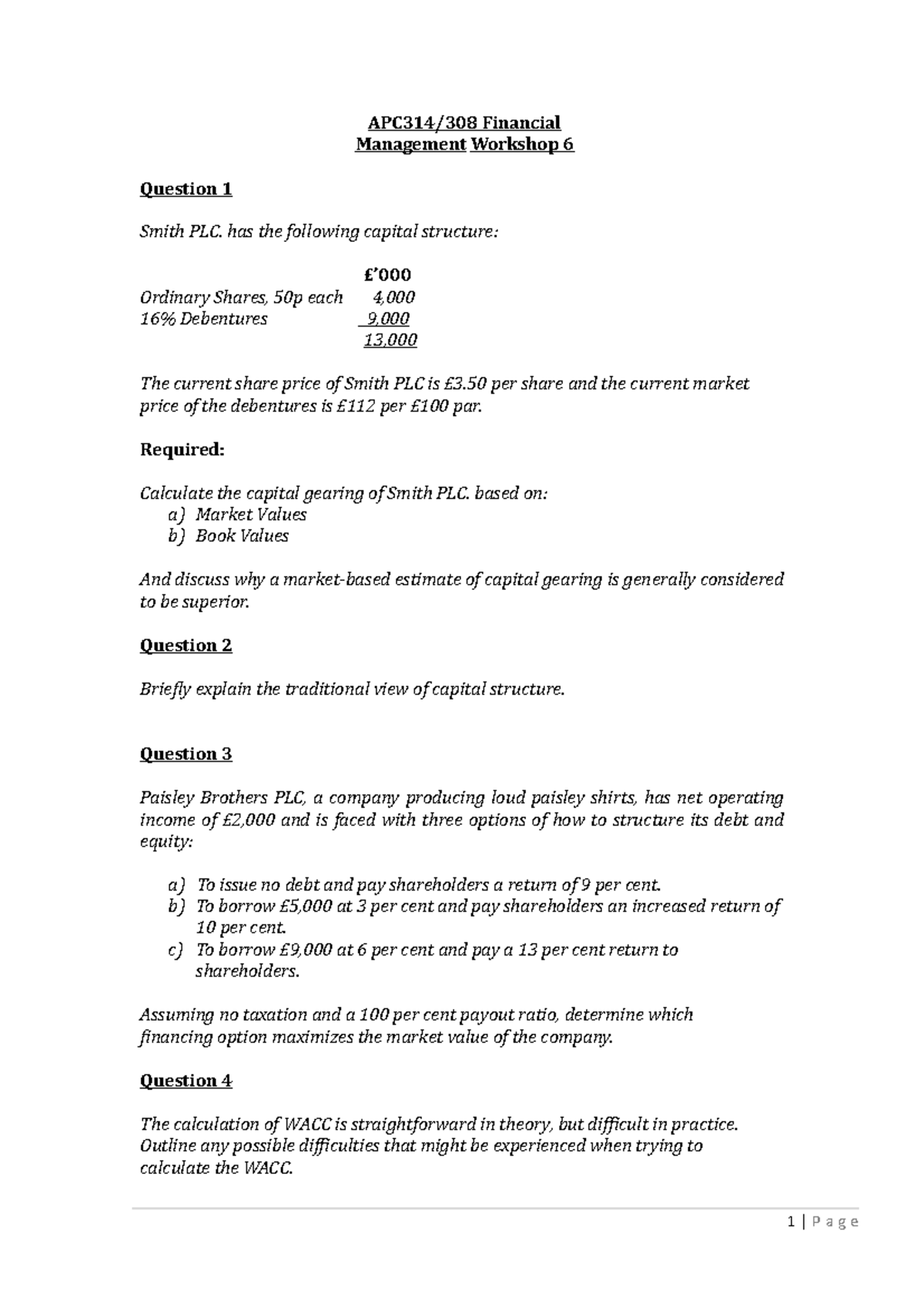 APC308 Financial Management seminar 6 Questions-1 - APC314/ 30 8 ...