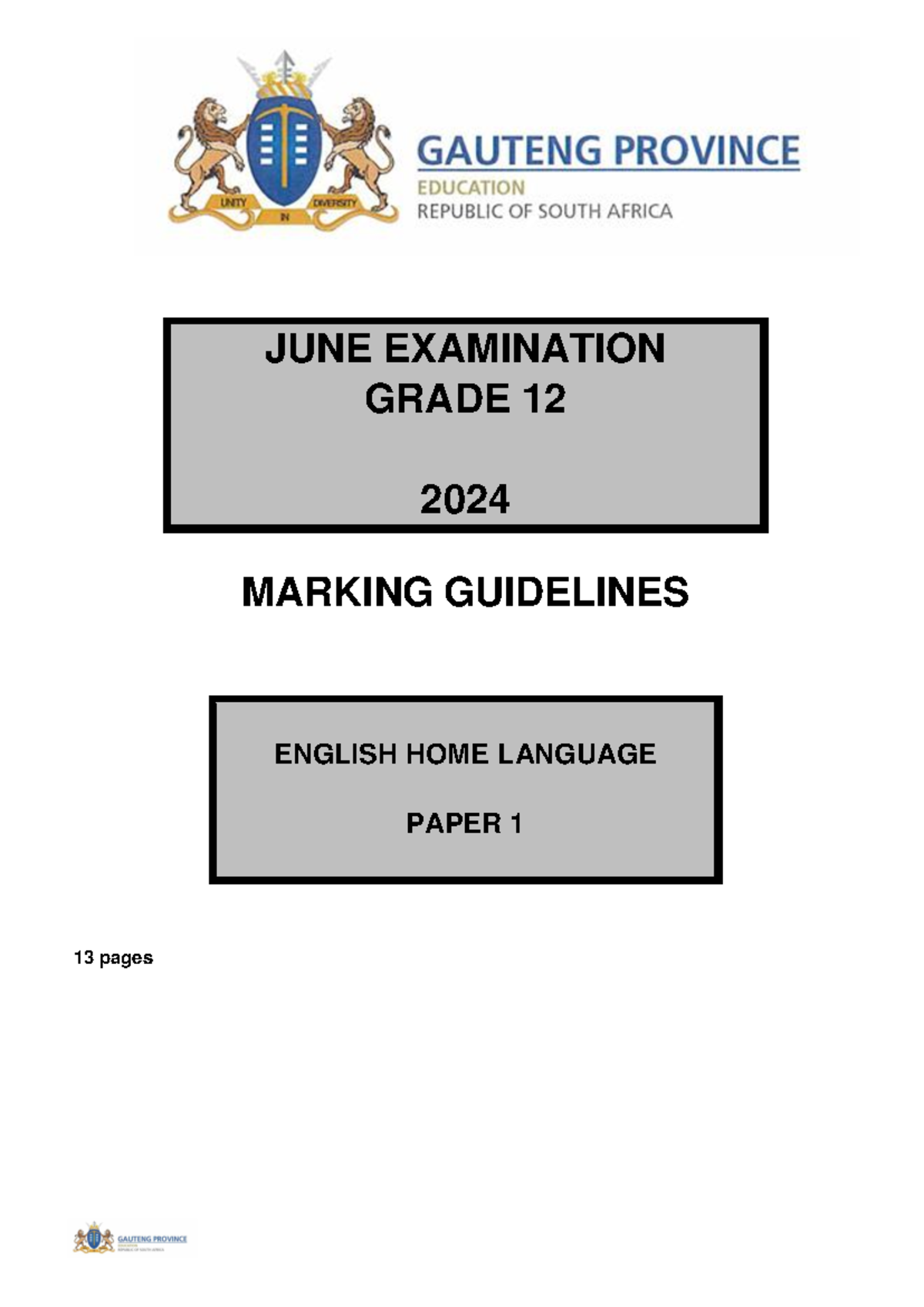 Official Gr 12 English Home Language P1 Memo - JUNE EXAMINATION GRADE 12 2024 MARKING GUIDELINES ...
