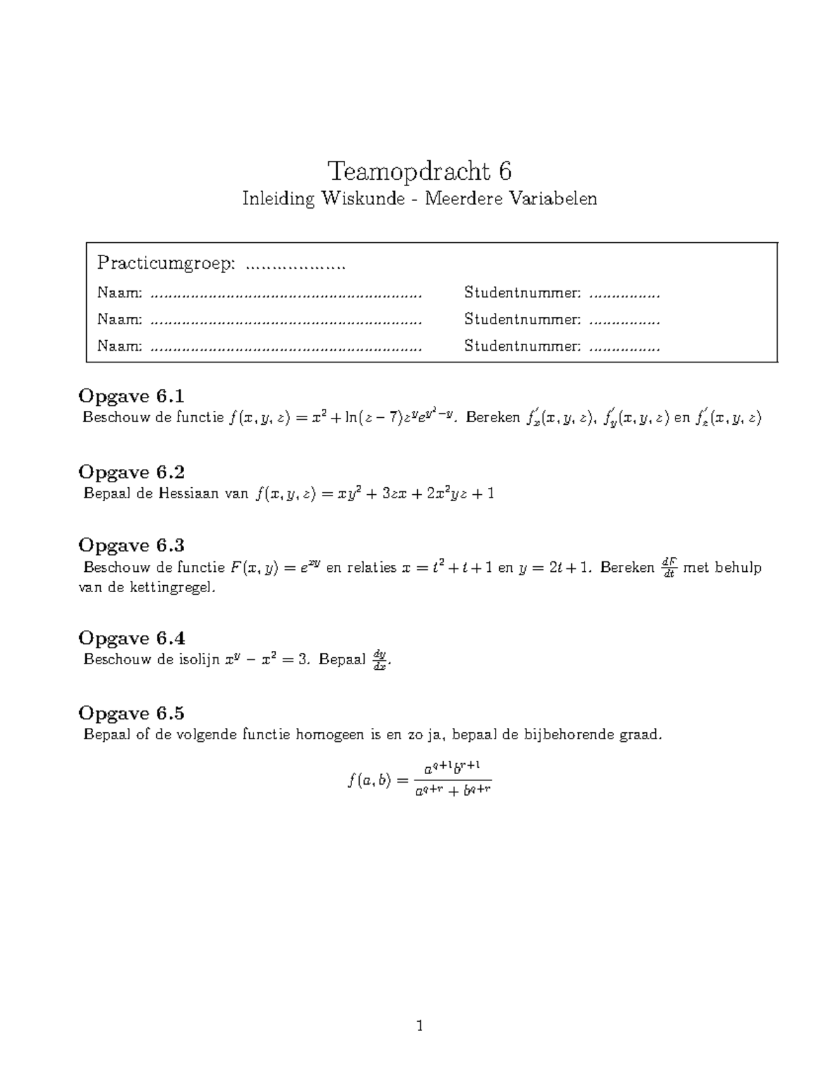 Inleiding wiskunde - Teamopdracht 6 - vragen - Teamopdracht 6 Inleiding ...