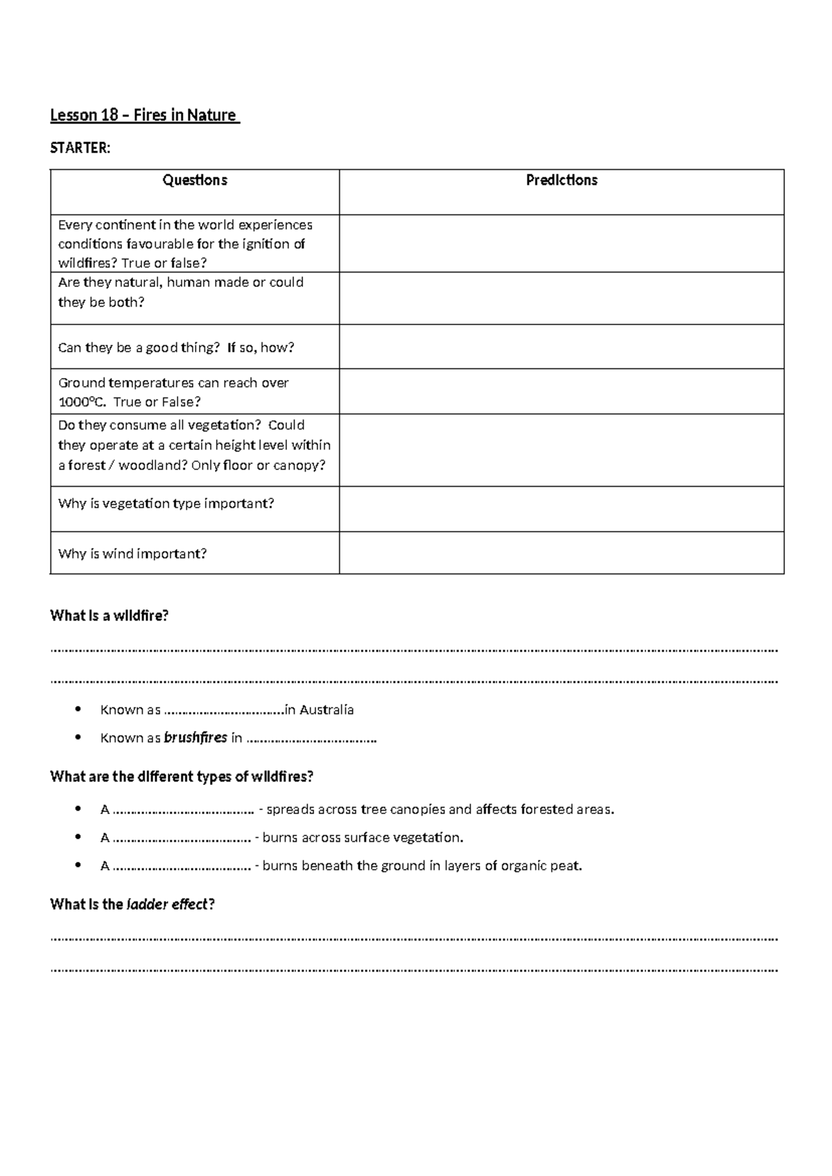 Lesson 18 Wildfires student notes - Lesson 18 – Fires in Nature STARTER ...
