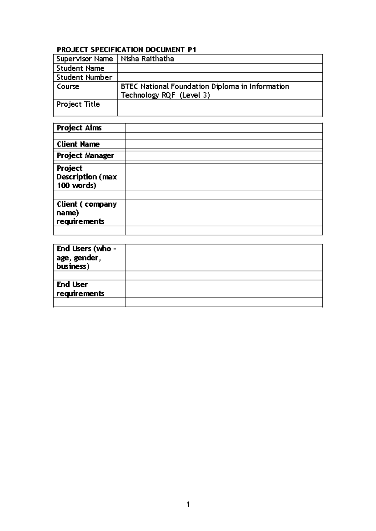 U6 project specification blank - PROJECT SPECIFICATION DOCUMENT P ...