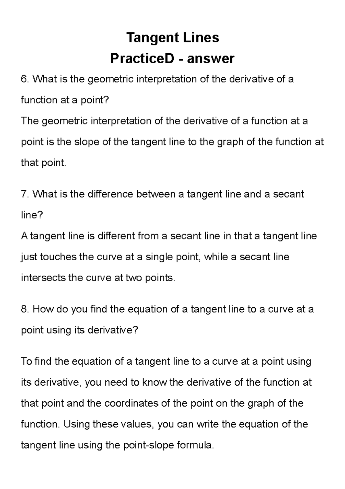Tangent Lines Practice D - answer - Tangent Lines PracticeD - answer ...