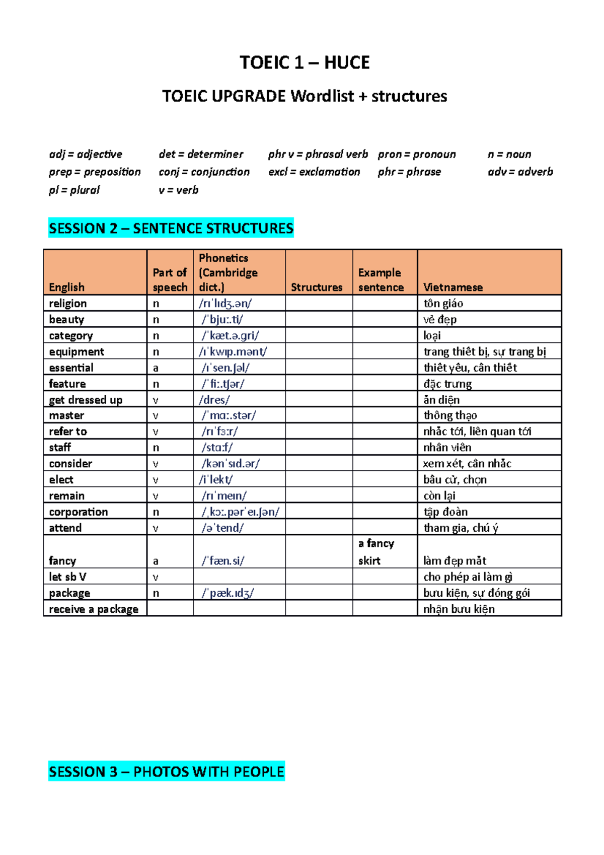 Toeic 1- Wordlist-Version 3 - TOEIC 1 – HUCE TOEIC UPGRADE Wordlist + structures adj = adjective ...
