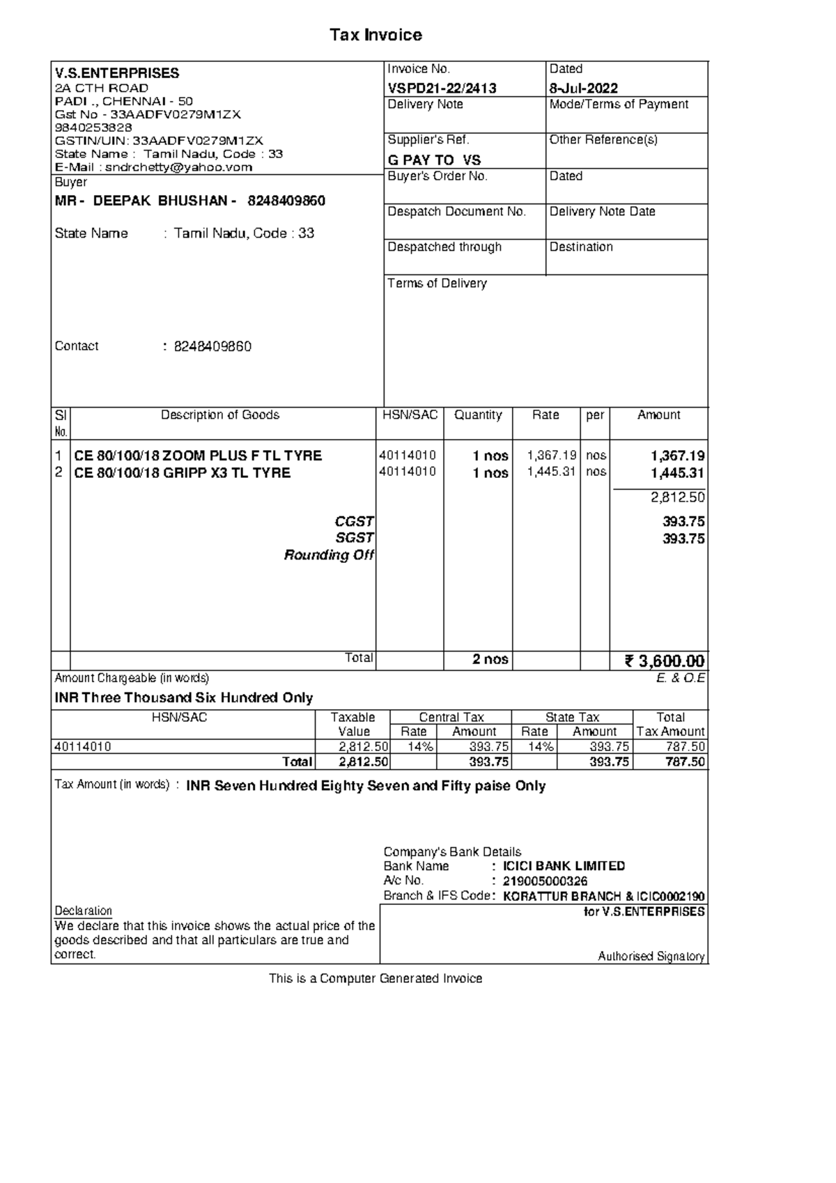 Deepak - Tax Invoice V.S 2A CTH ROAD PADI ., CHENNAI - 50 Gst No ...