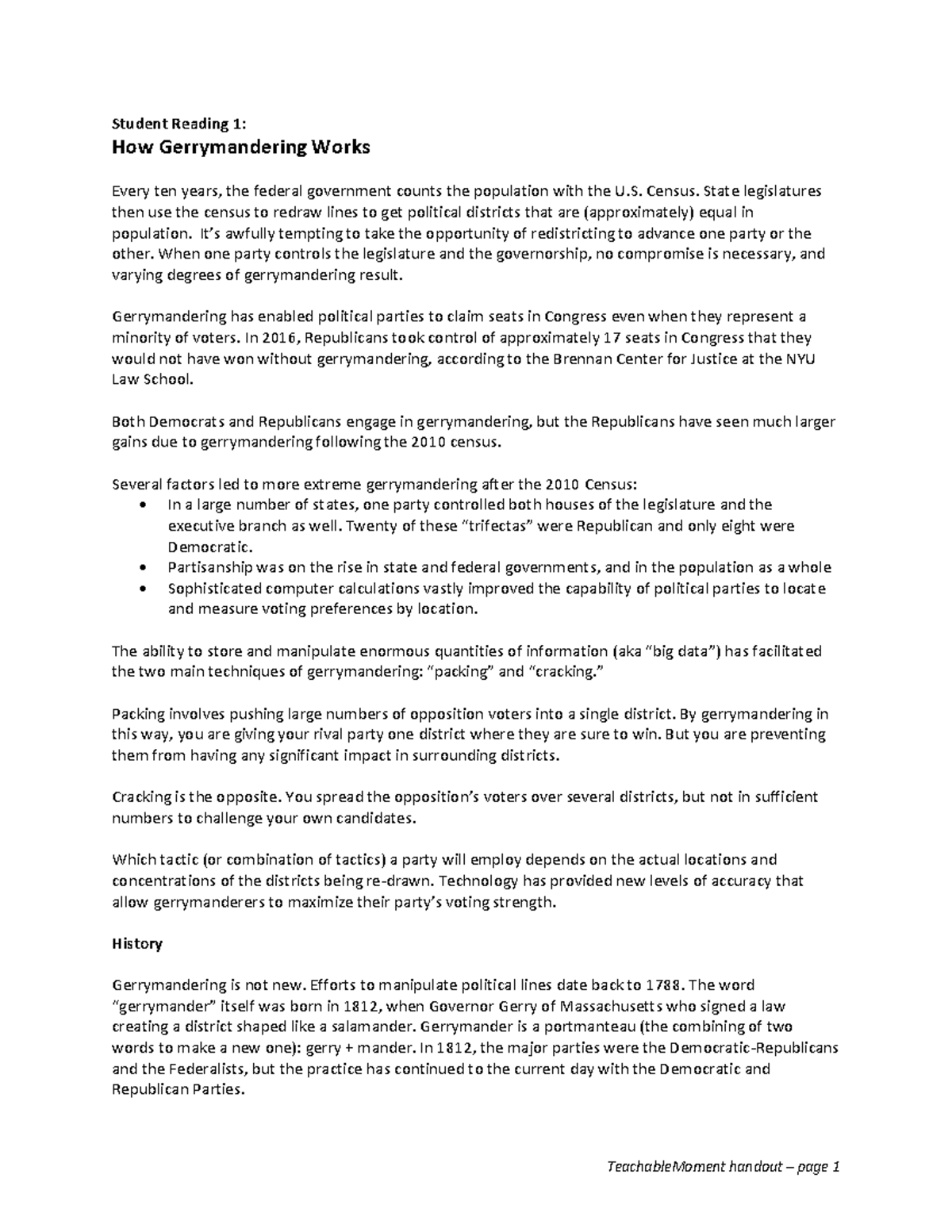 Gerrymandering Handout - TeachableMoment handout – page 1 Student ...