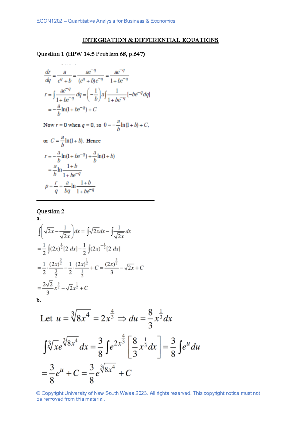 Integration Differential Equations Solutions - © Copyright University ...