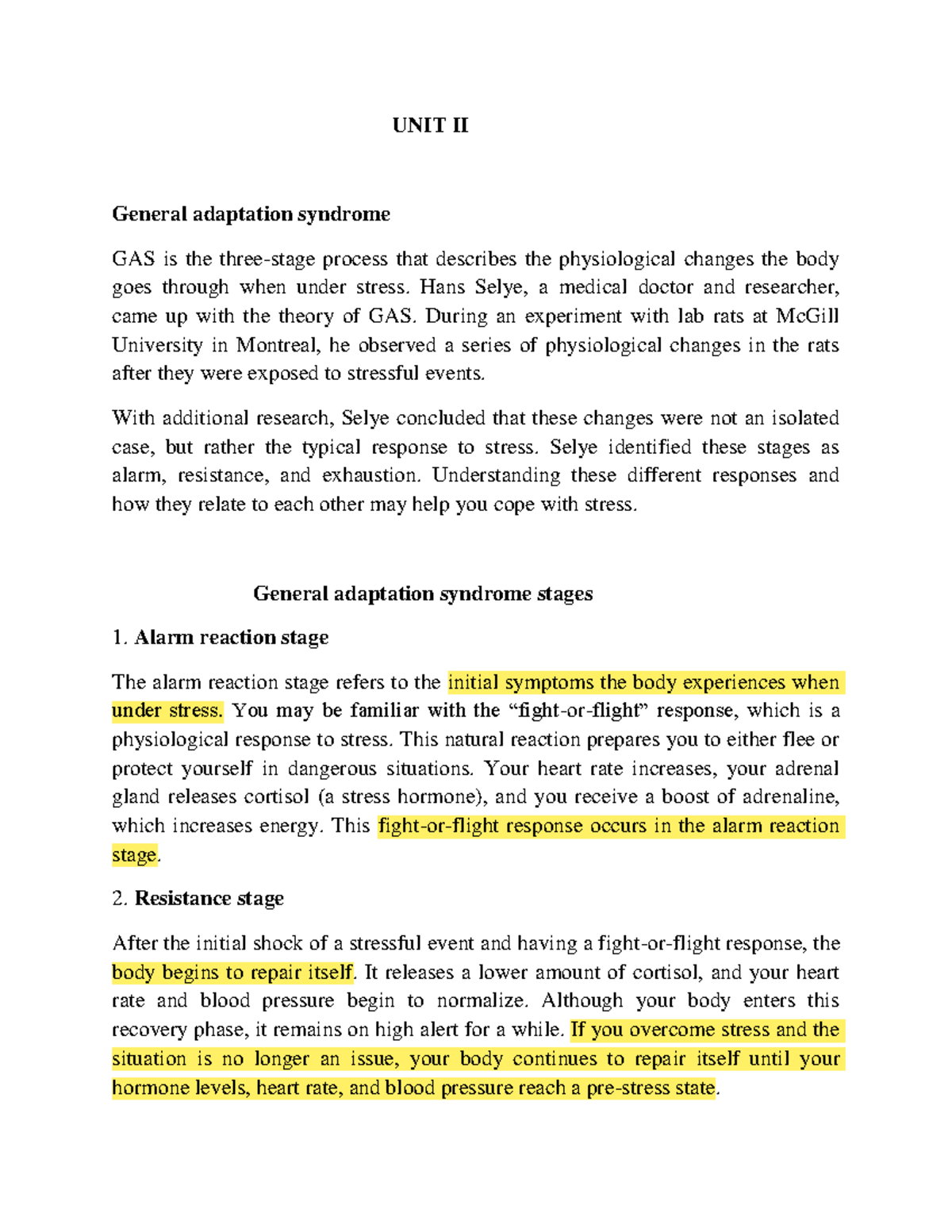 UNIT 2 Stress - Elective notes - UNIT II General adaptation syndrome ...