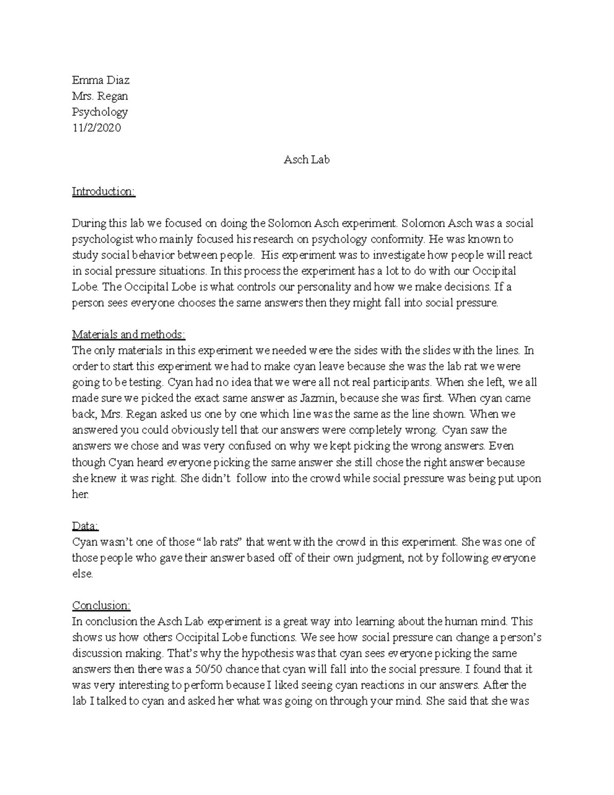 Emma Diaz - 10 30- Asch Lab - Emma Diaz Mrs. Regan Psychology 11/2 ...