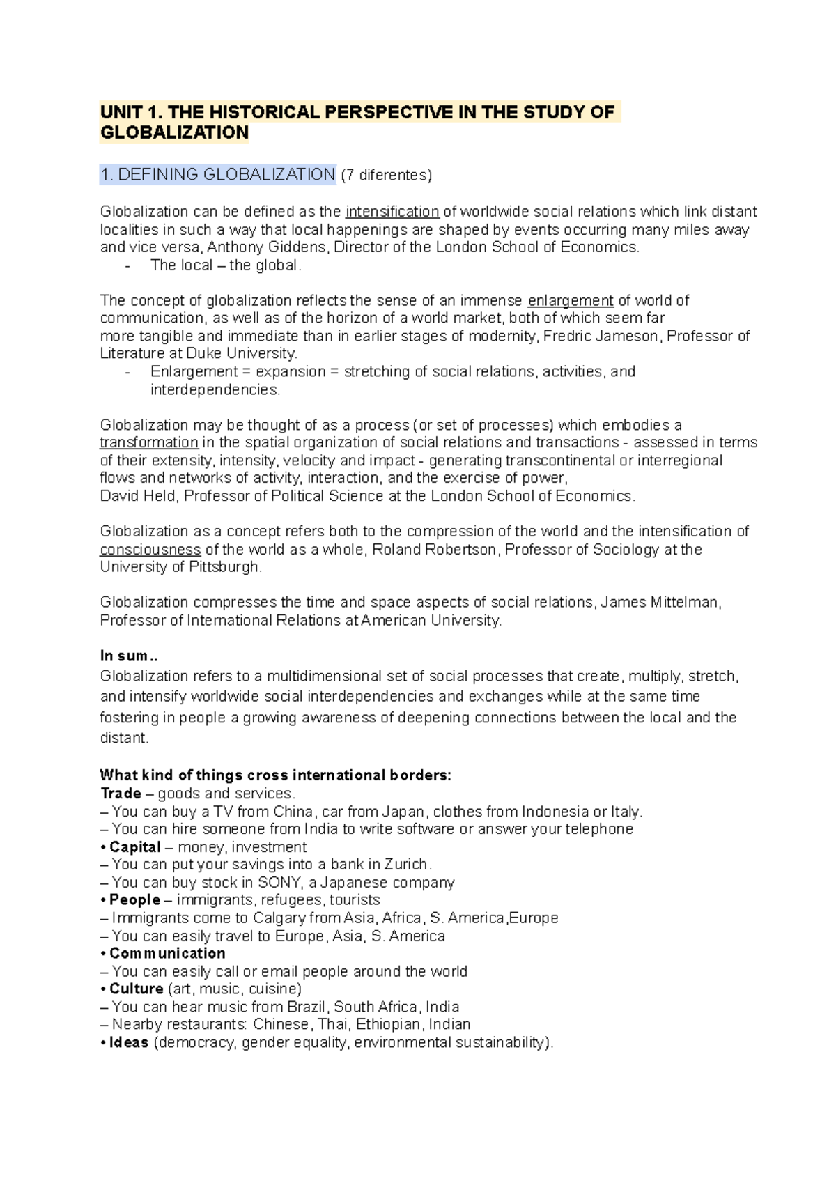 Unit 1-5 - Apuntes historia global - UNIT 1. THE HISTORICAL PERSPECTIVE ...