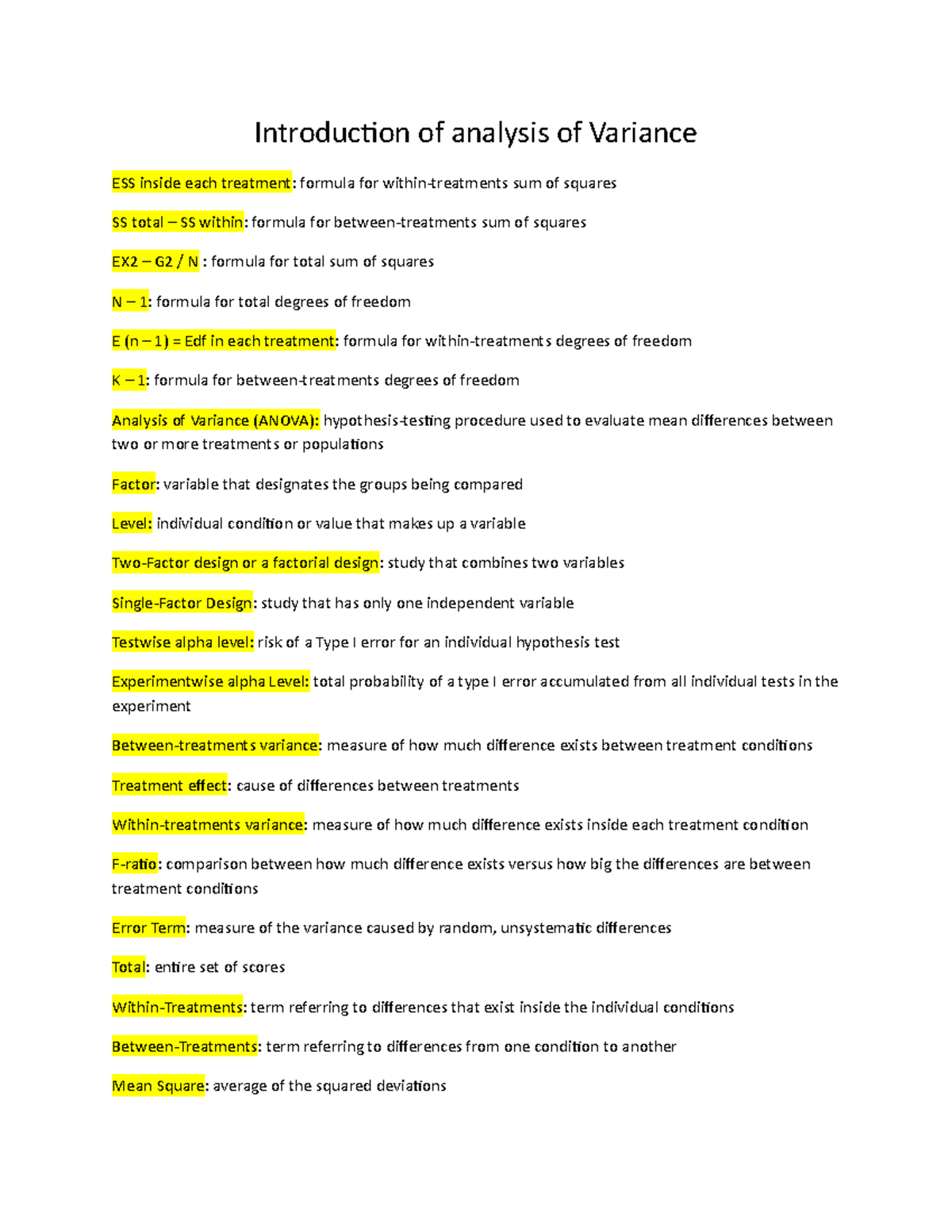 Introduction of analysis of Variance - Studocu