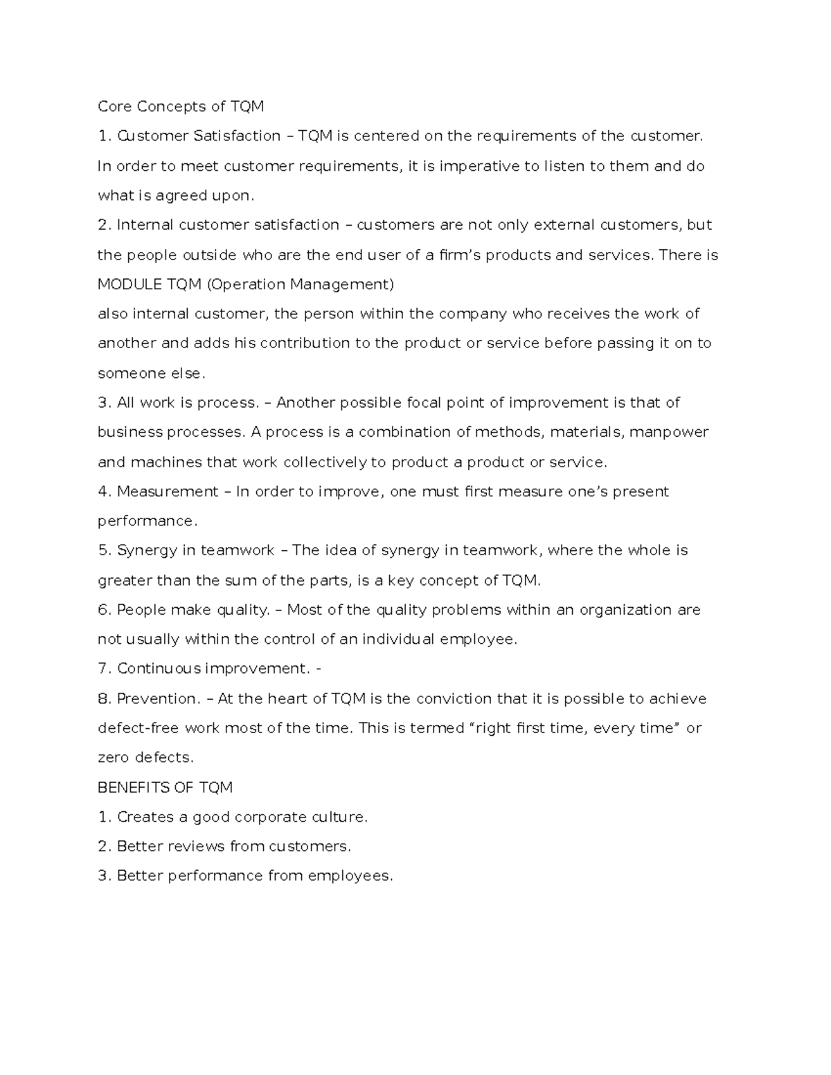 Core Concepts of TQM - Core Concepts of TQM Customer Satisfaction – TQM ...