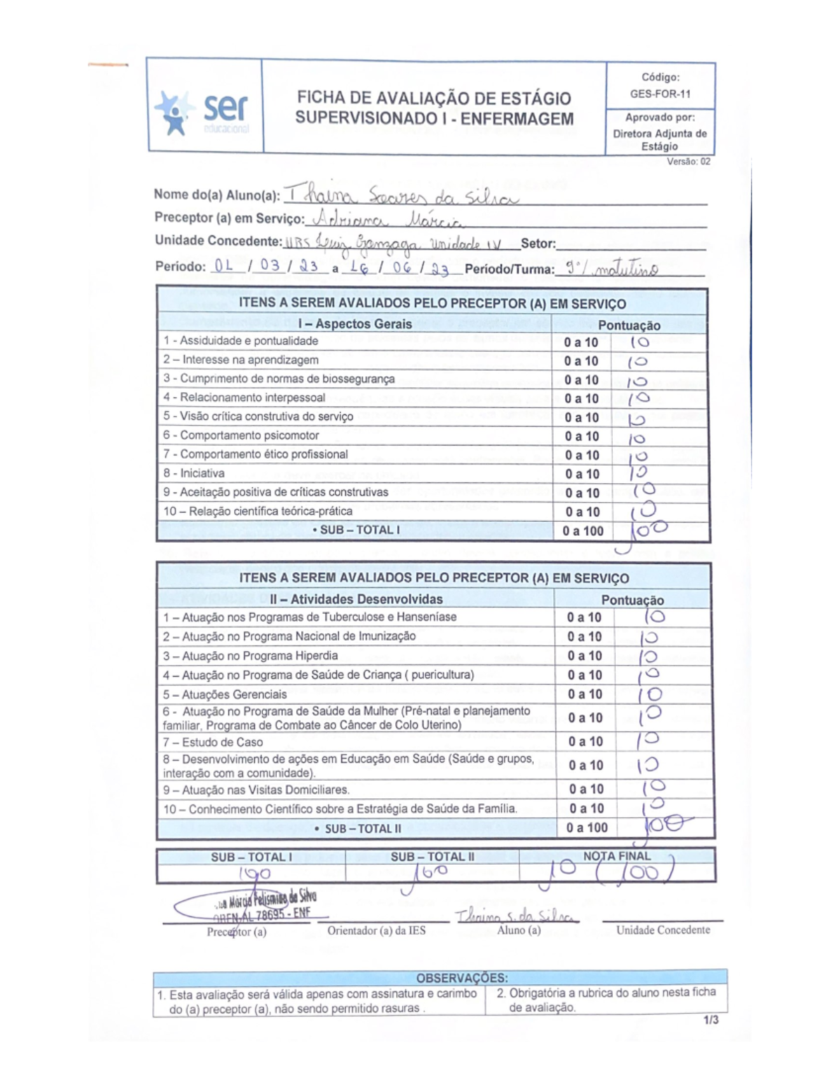 Ser 4 - Ficha de avaliação de estágio - Estágio - Studocu